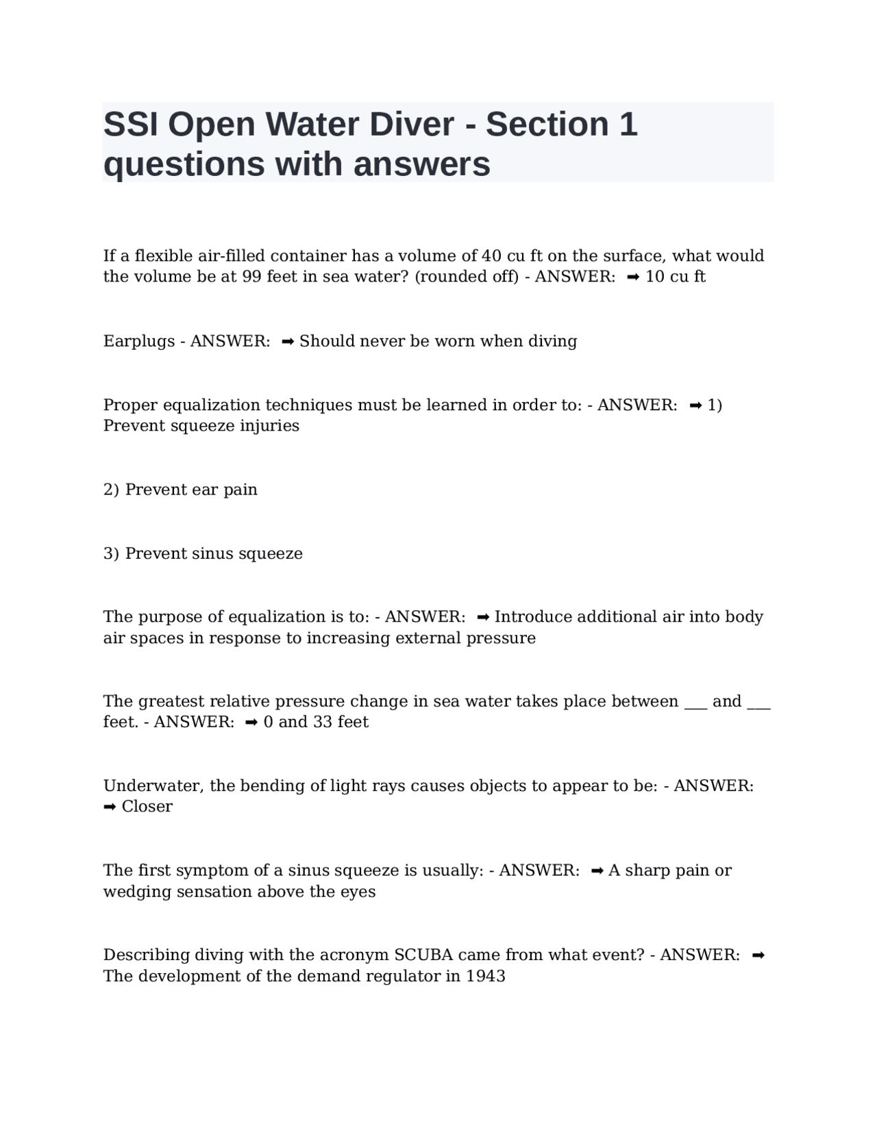SSI Open Water Diver - Section 1 questions with answers | Exams Nursing ...