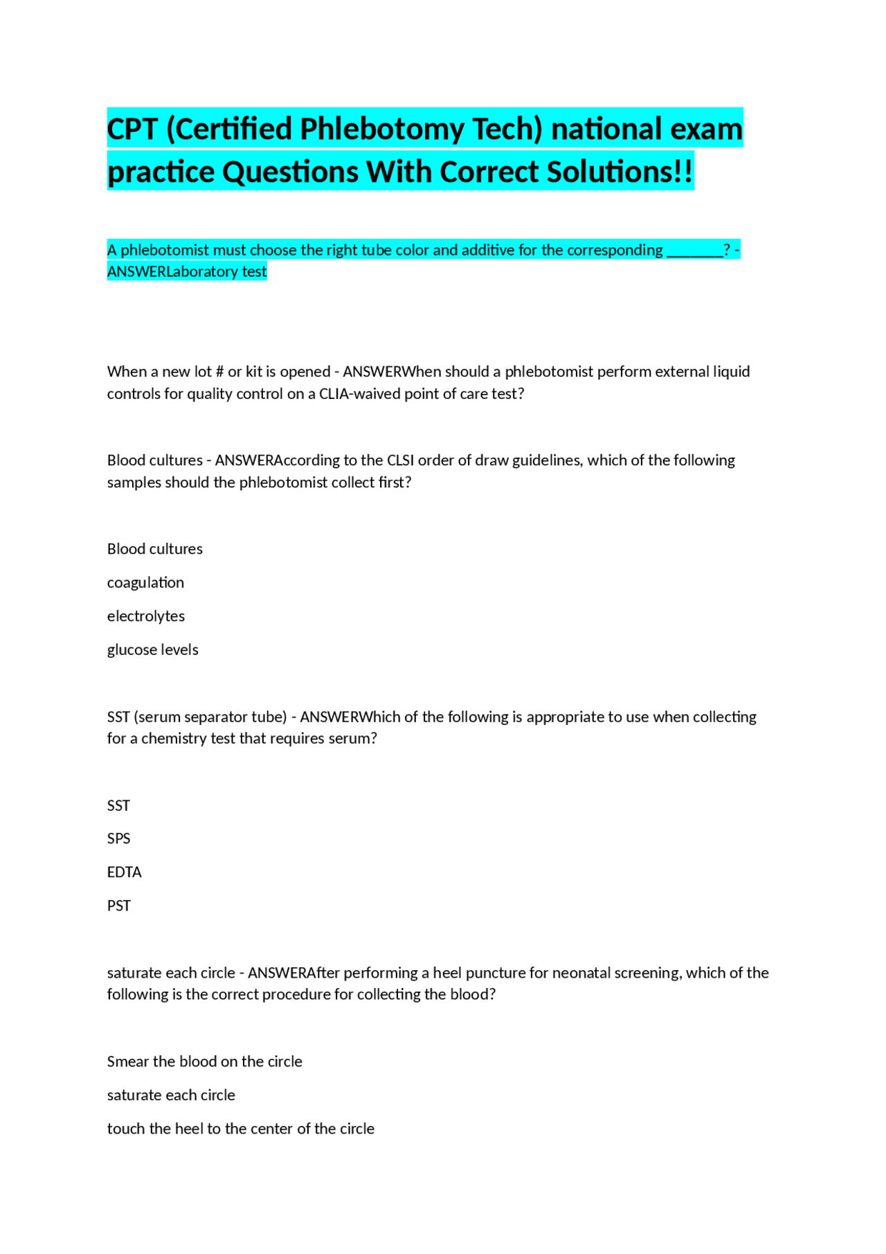 CPT (Certified Phlebotomy Tech) national exam practice Questions With ...