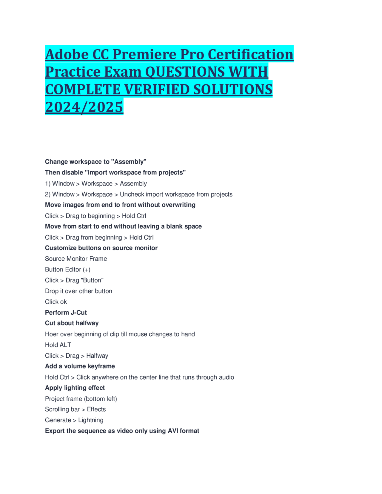 Adobe CC Premiere Pro Certification Practice Exam QUESTIONS WITH COMPLETE VERIFIED SOLUTIO ...