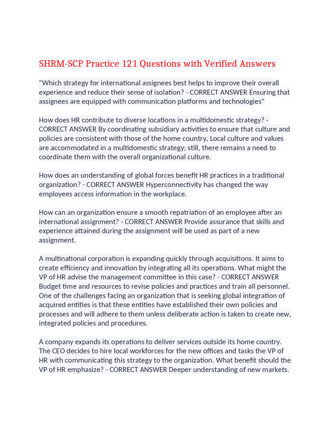 SHRM-SCP Practice 121 Questions with Verified Answers,100% CORRECT ...