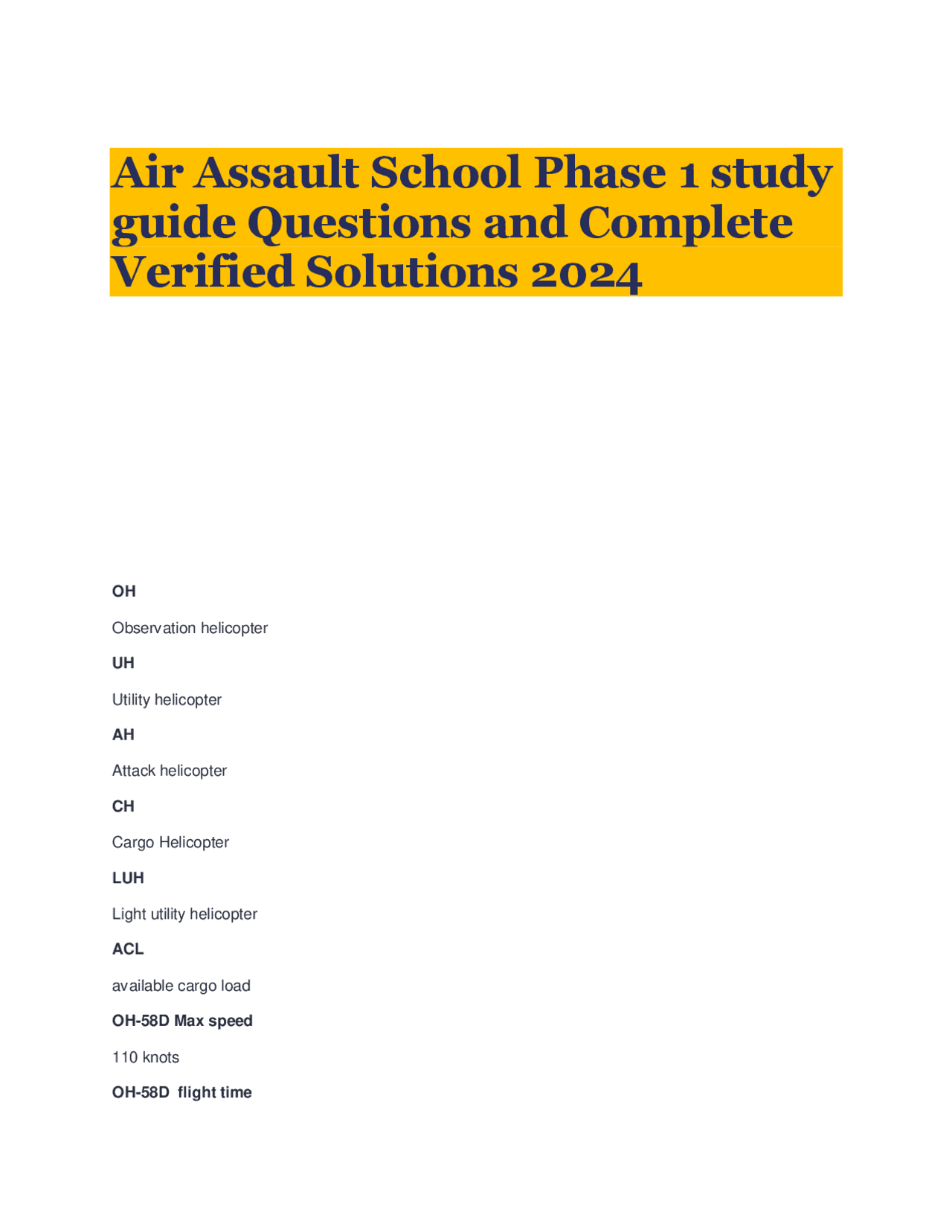 Air Assault School Phase 1 study guide Questions and Complete Verified ...