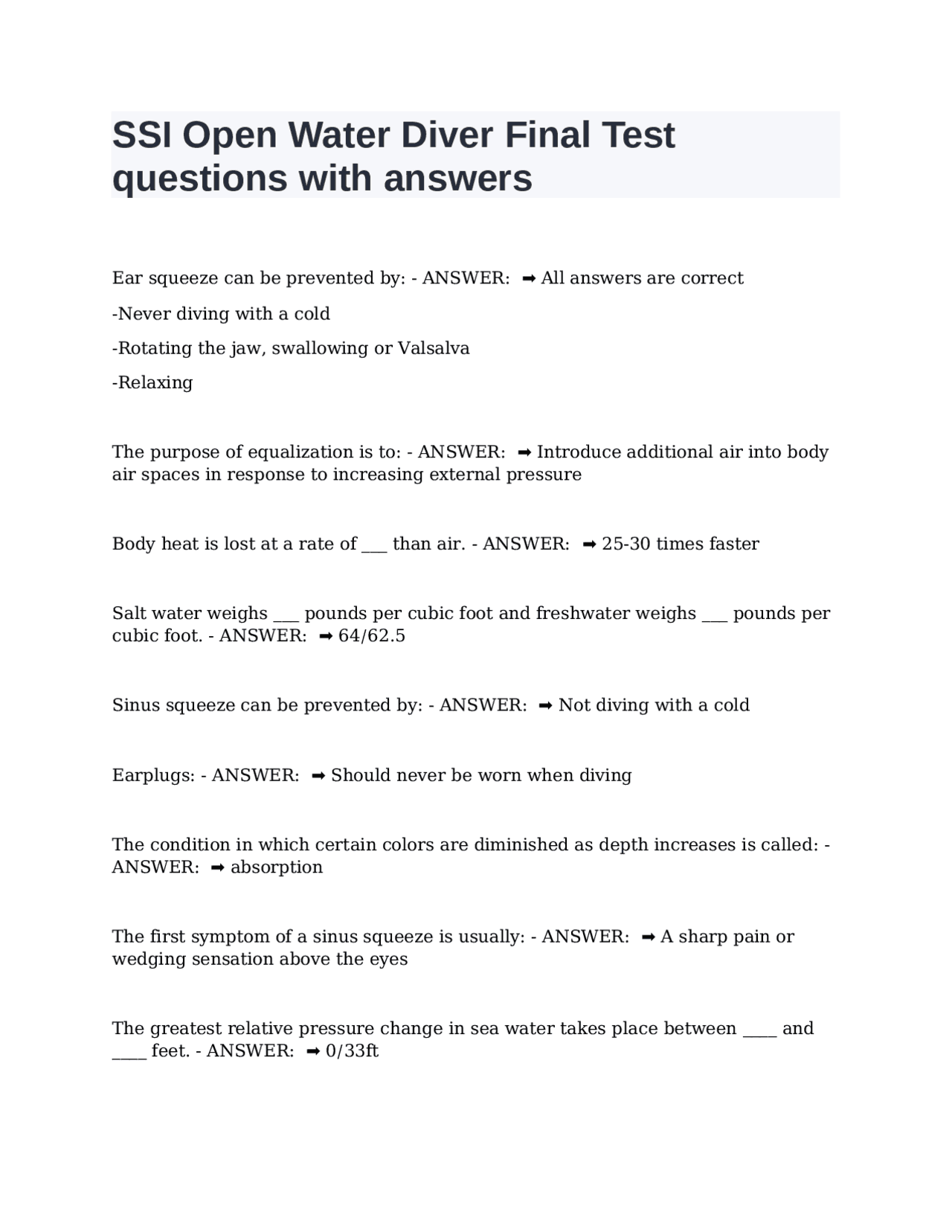 SSI Open Water Diver Final Test questions with answers | Exams Nursing ...