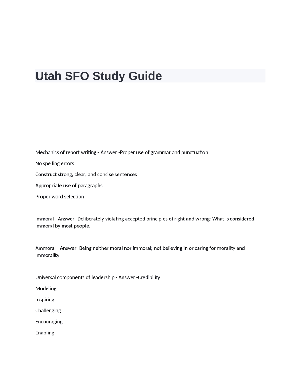 Utah SFO Study Guide | Exams Law | Docsity