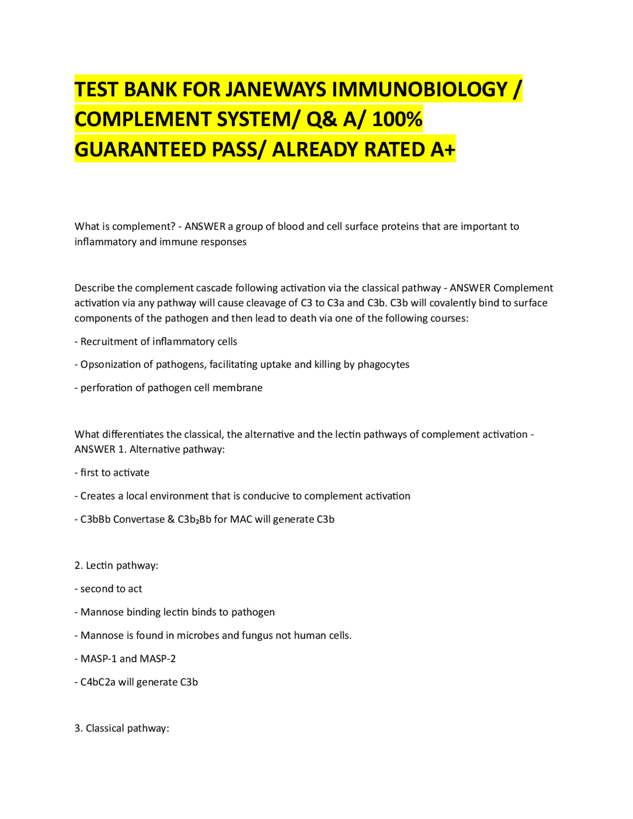 TEST BANK FOR JANEWAYS IMMUNOBIOLOGY / COMPLEMENT SYSTEM/ Q& A/ 100% ...