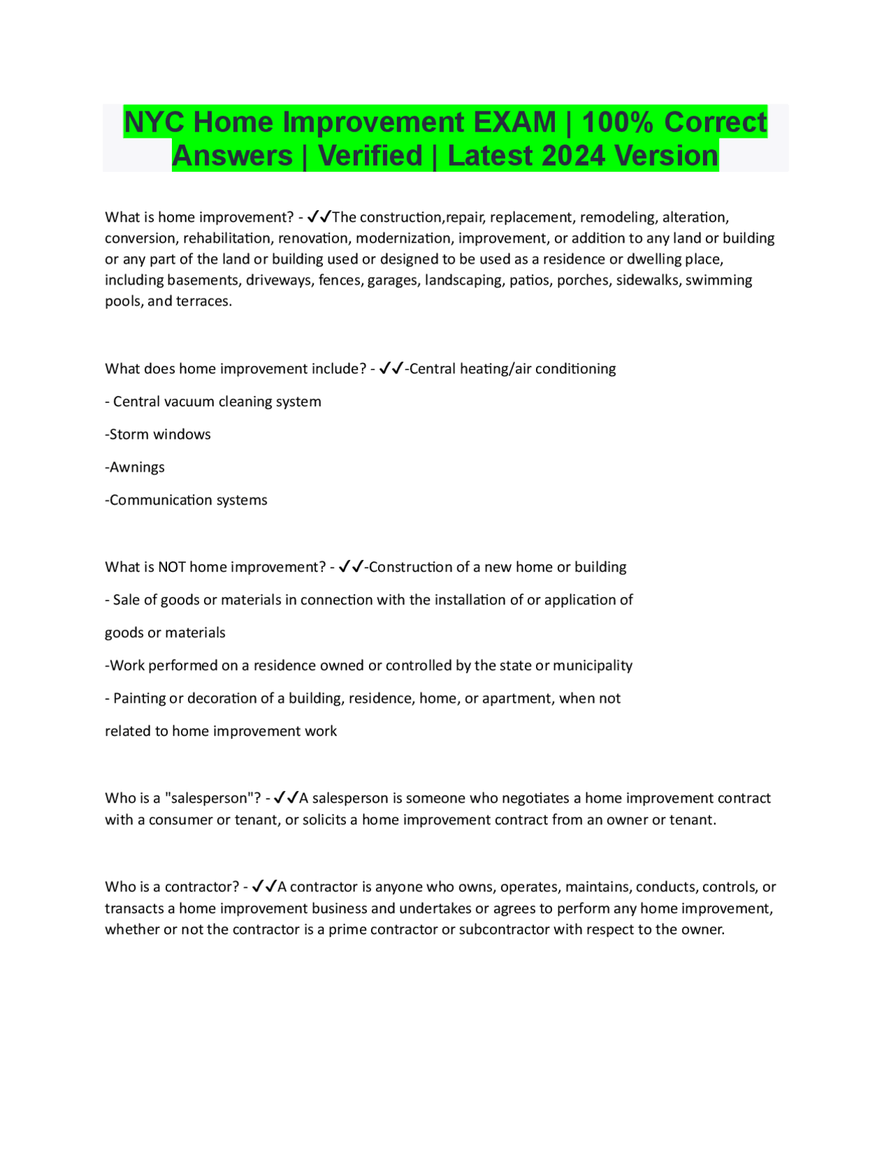 NYC Home Improvement Exam Guide | Exams Law | Docsity