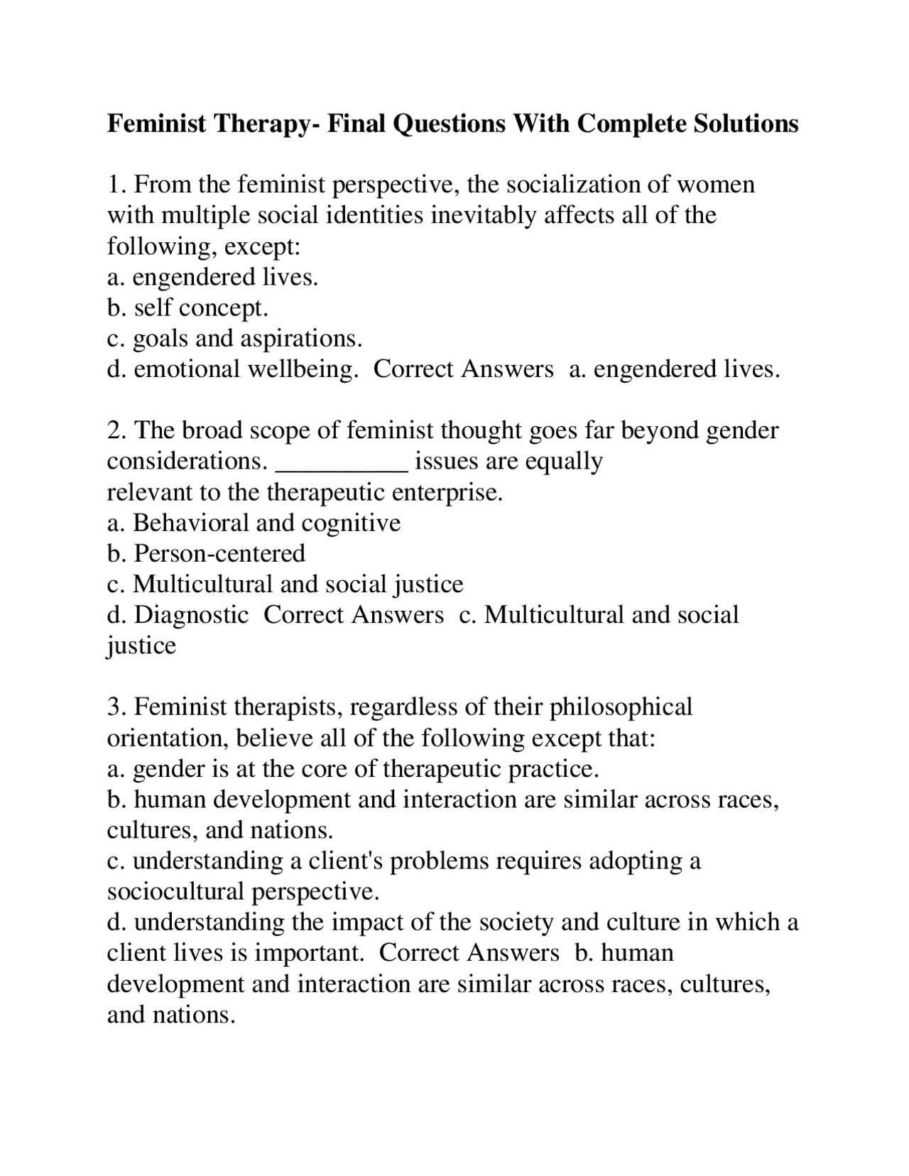 Feminist Therapy- Final Questions With Complete Solutions | Exams ...
