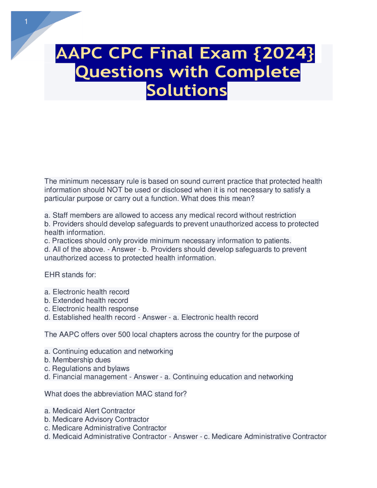 AAPC CPC Final Exam {2024} Questions with Complete Solutions Graded A+ ...