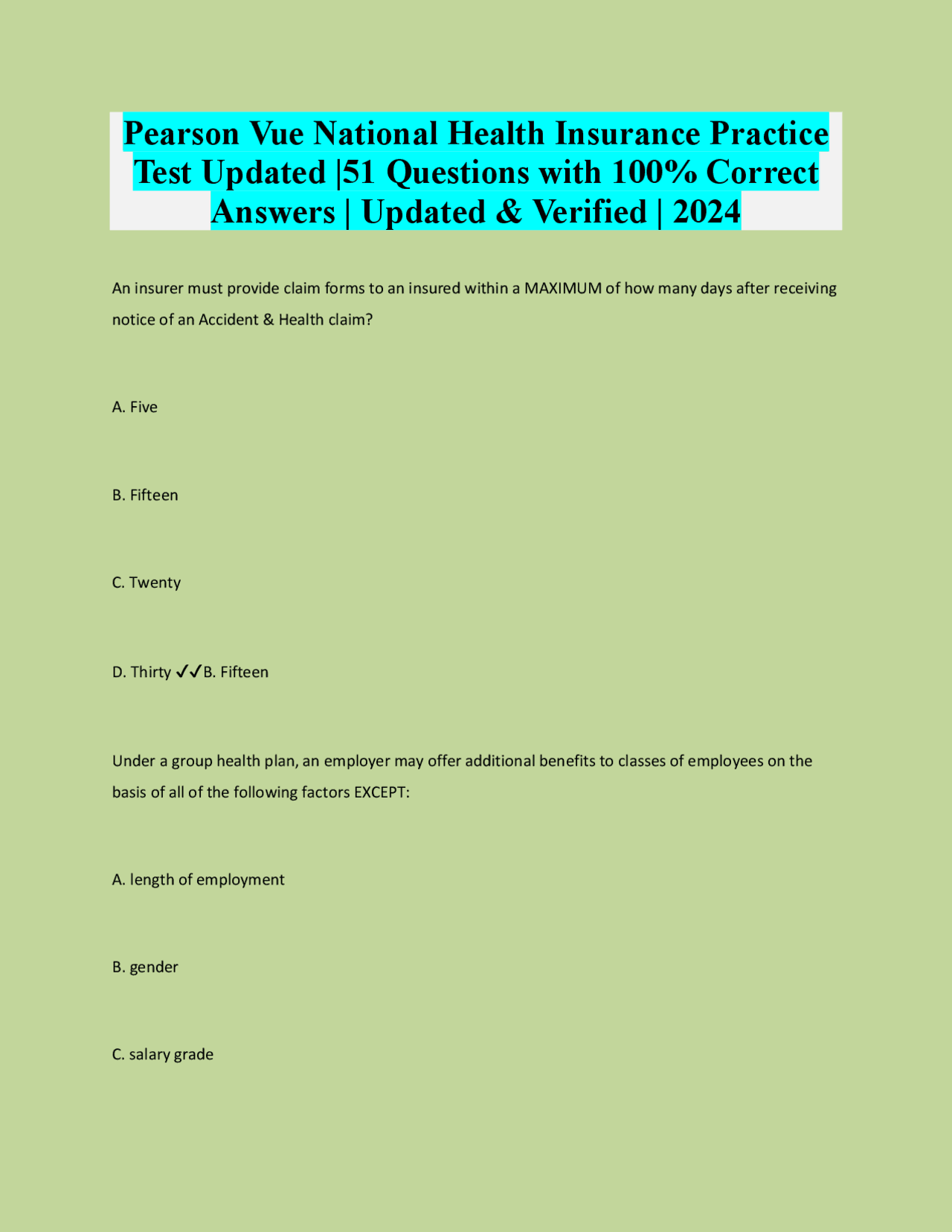 Pearson Vue National Health Insurance Practice Test Updated |51 ...