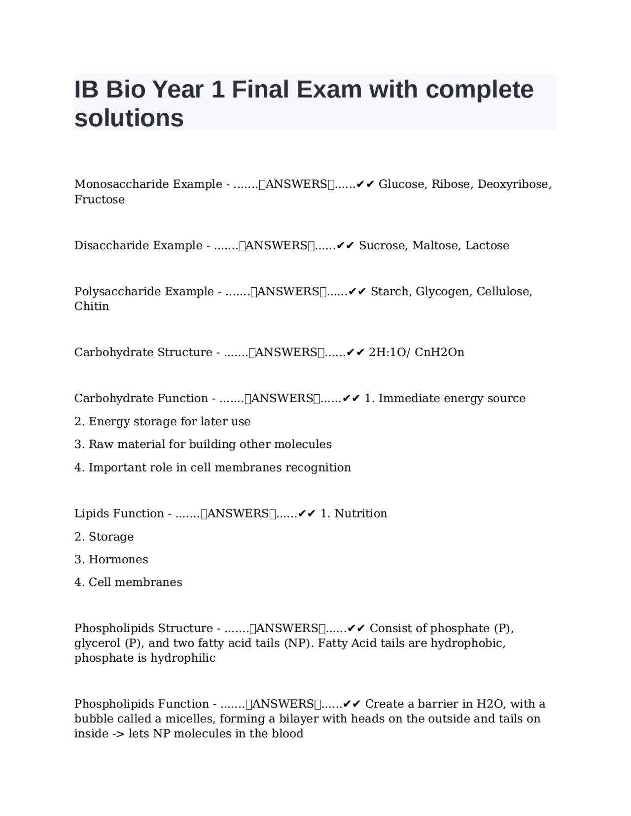 IB Bio Year 1 Final Exam with complete solutions | Exams Biology | Docsity