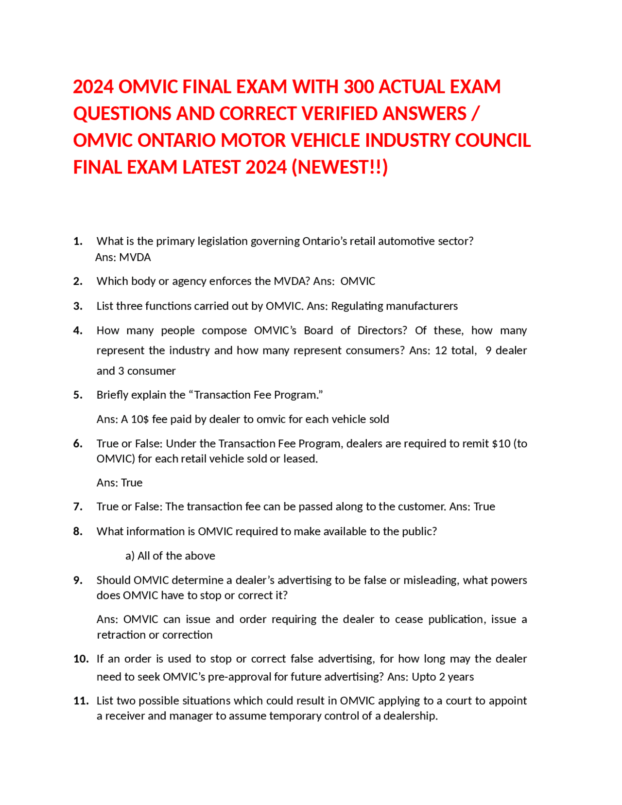 2024 OMVIC FINAL EXAM WITH 300 ACTUAL EXAM QUESTIONS AND CORRECT VERIFIED ANSWERS OMVIC | Exams ...