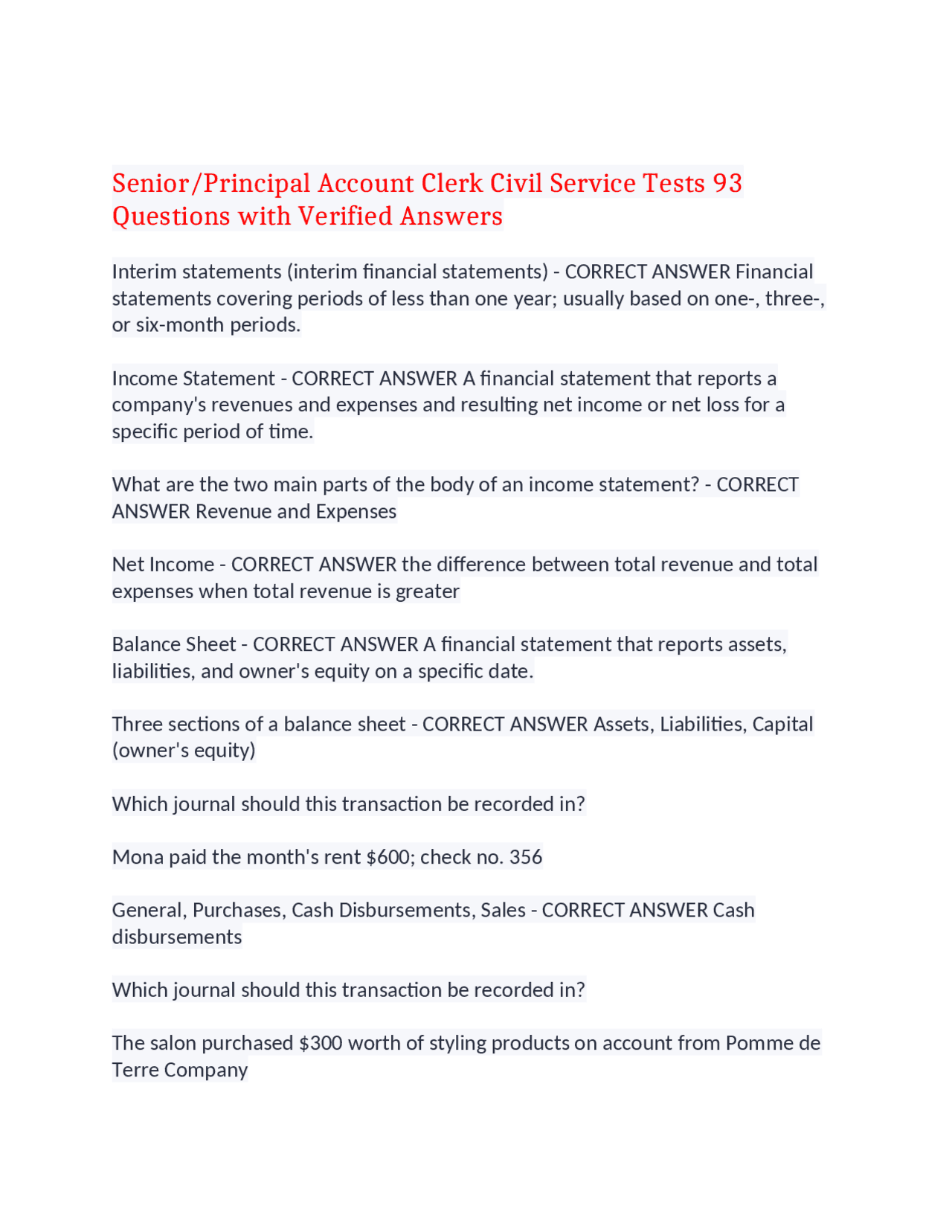 Senior/Principal Account Clerk Civil Service Tests 93 Questions with ...