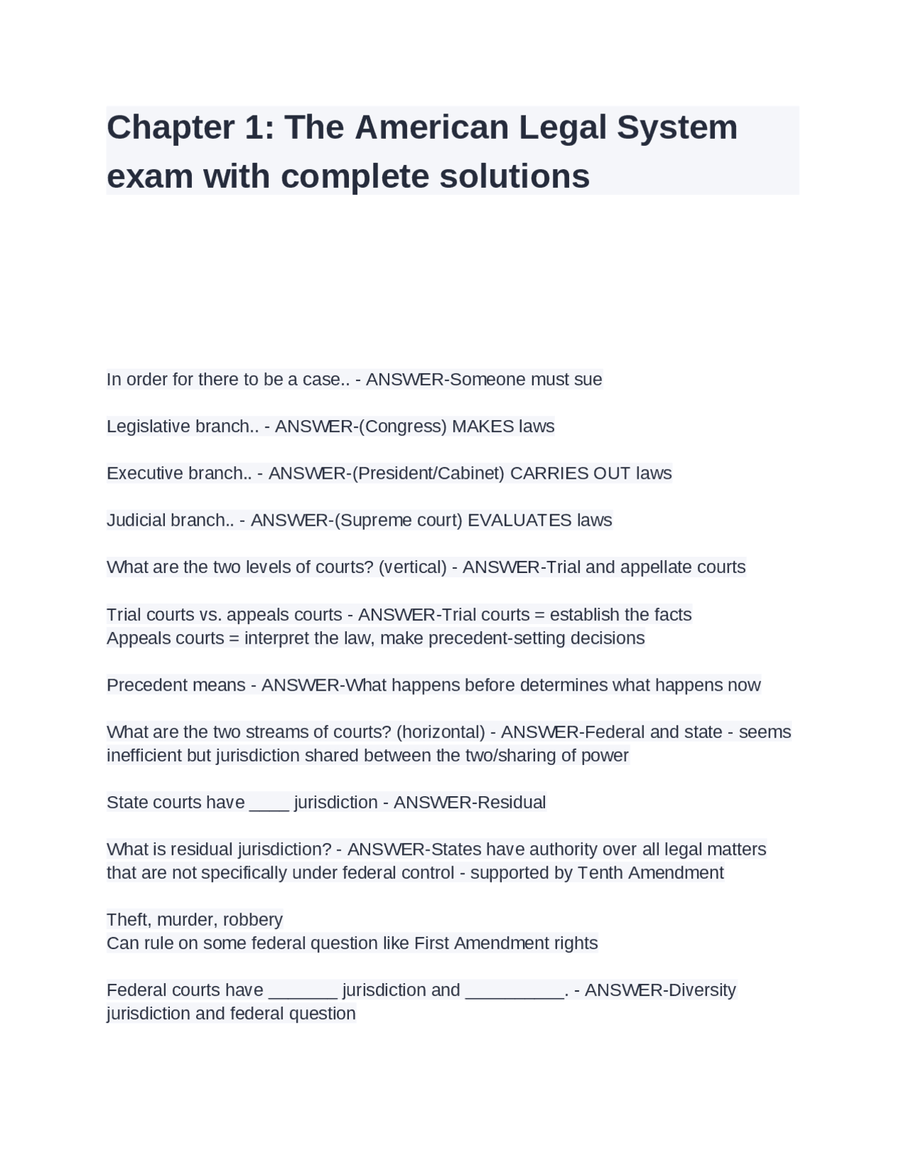 The American Legal System exam with complete solutions | Exams Legal ...