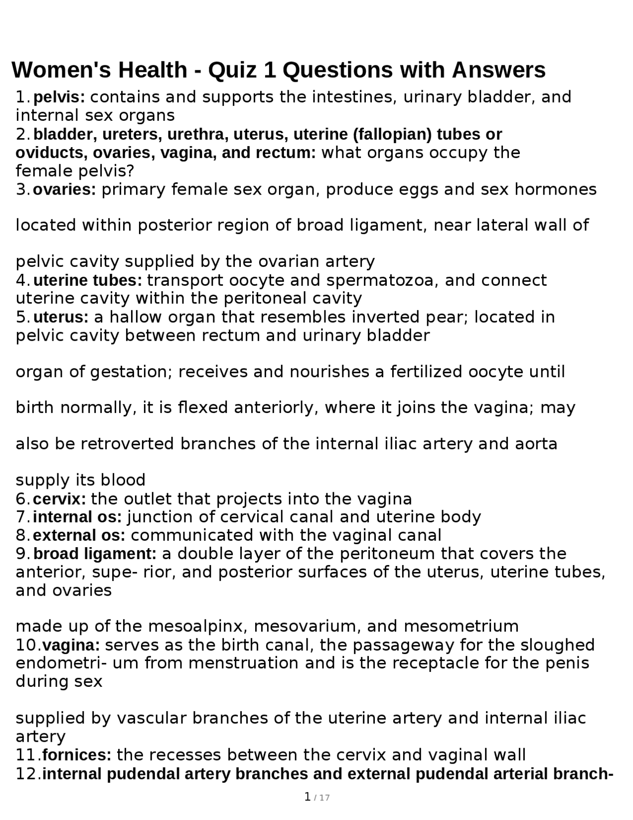 Women's Health - Quiz 1 Questions with Answers | Exams Gynecology | Docsity
