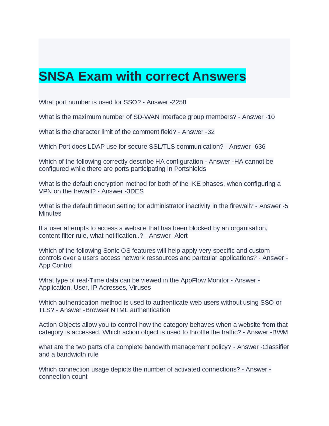 SNSA Exam with correct Answers | Exams Nursing | Docsity