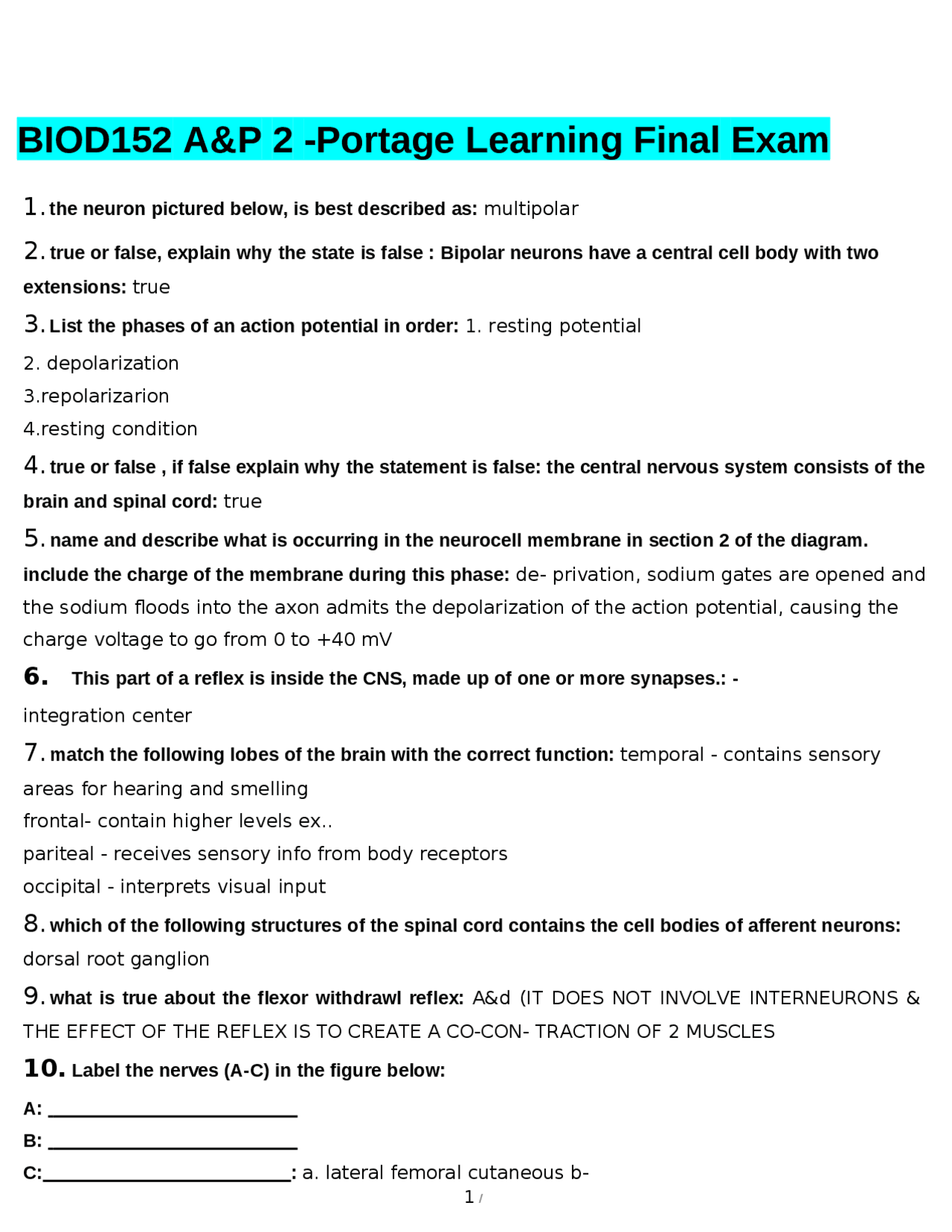 BIOD152 A&P 2 -Portage Learning Final Exam | Exams Biology | Docsity