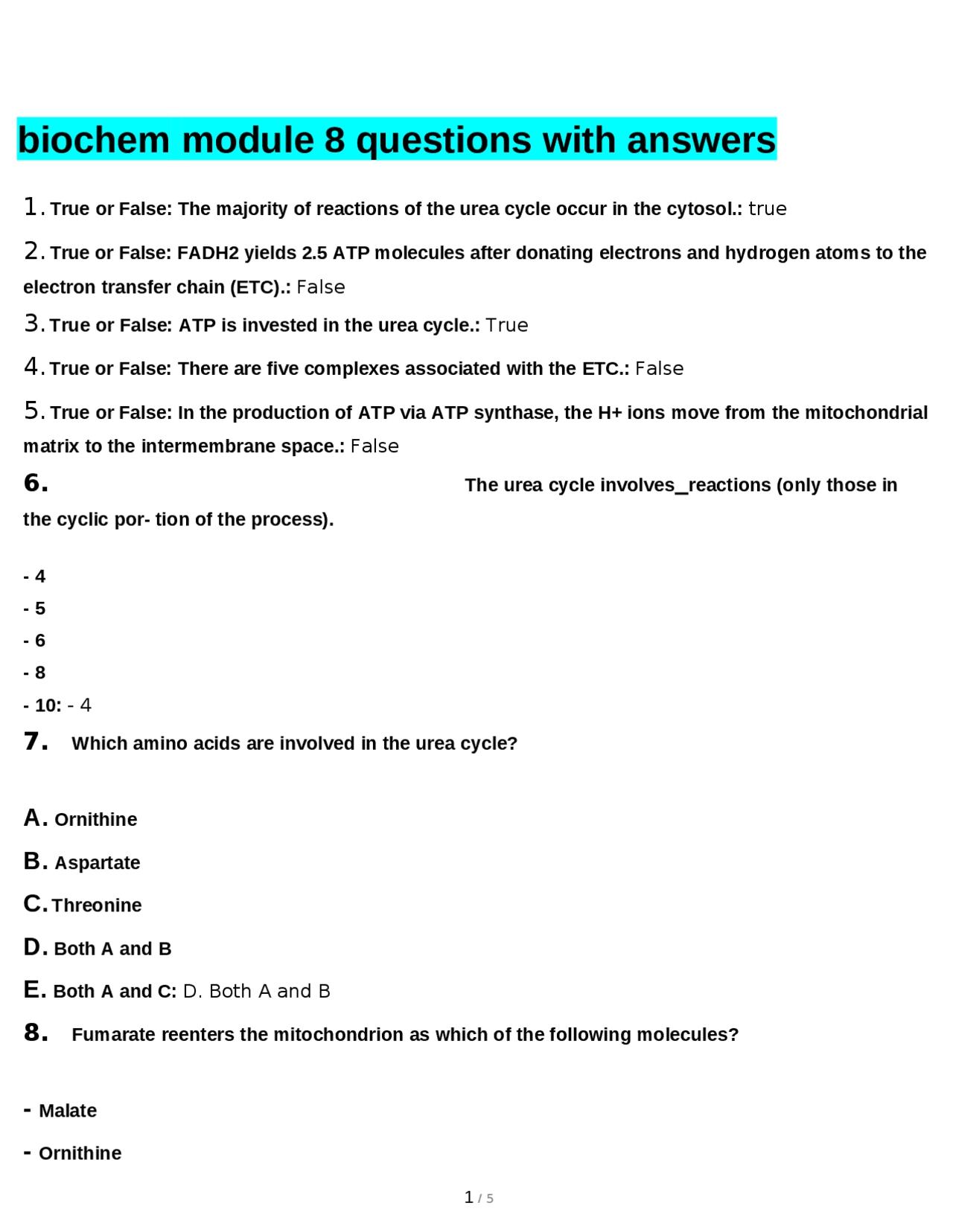 biochem module 8 questions with answers | Exams Biochemistry | Docsity