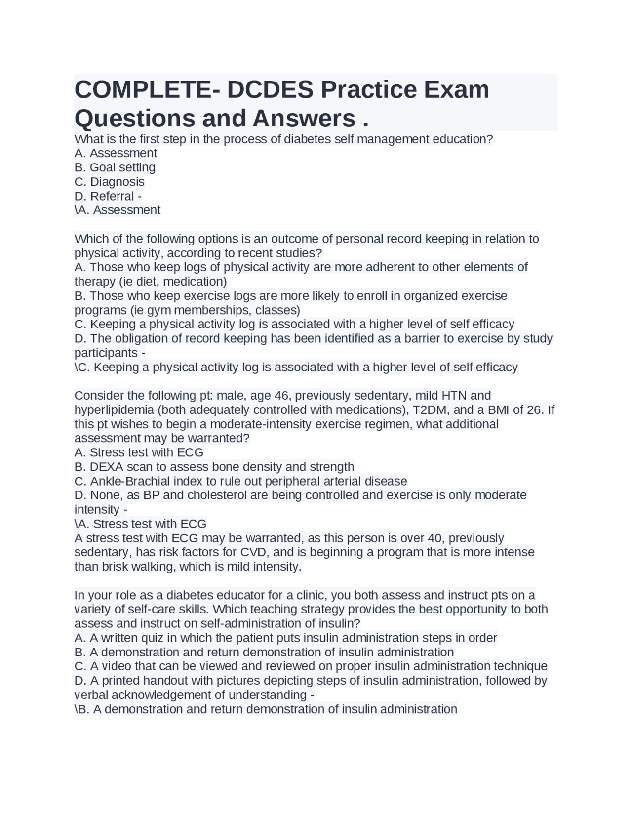 COMPLETE- DCDES Practice Exam Questions and Answers . | Exams Nursing | Docsity