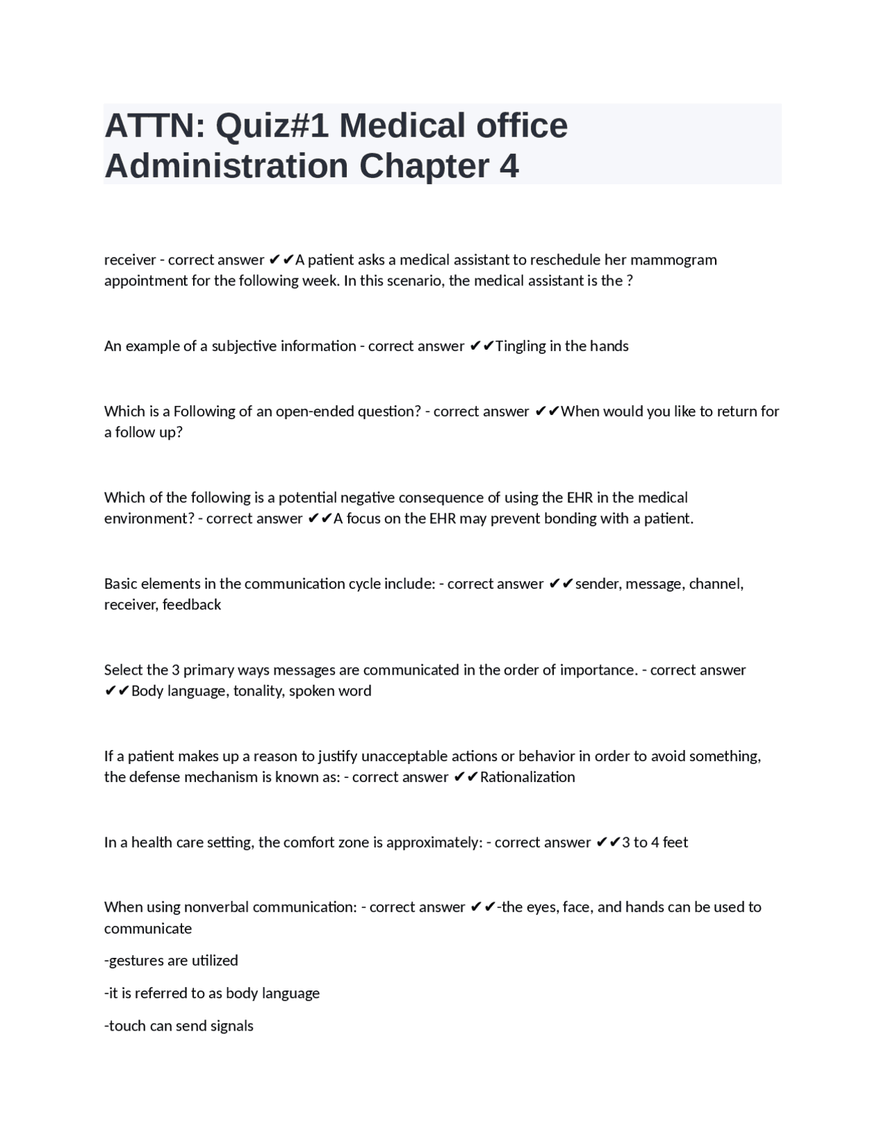 ATTN: Quiz#1 Medical office Administration Chapter 4 with verified ...