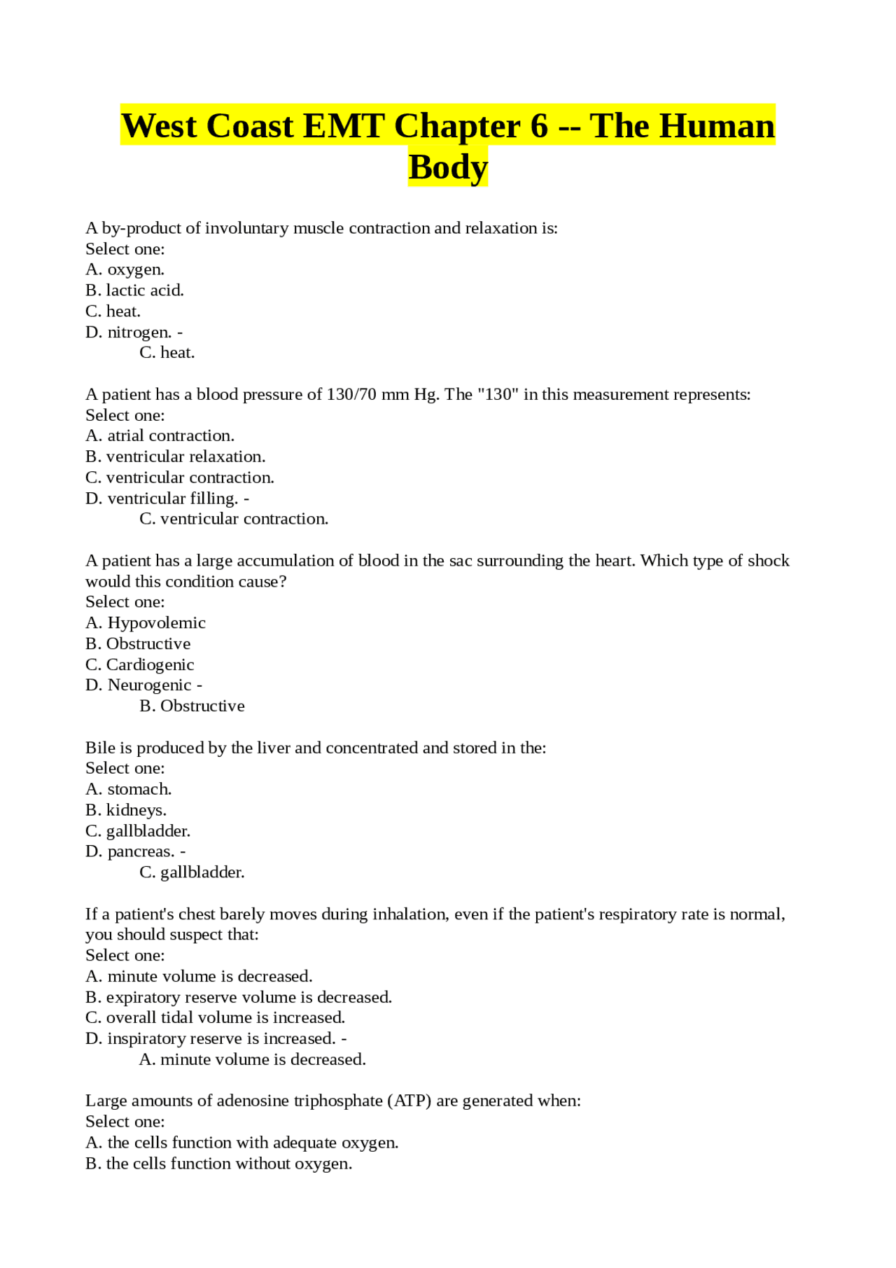 West Coast EMT Chapter 6 -- The Human Body | Exams Nursing | Docsity