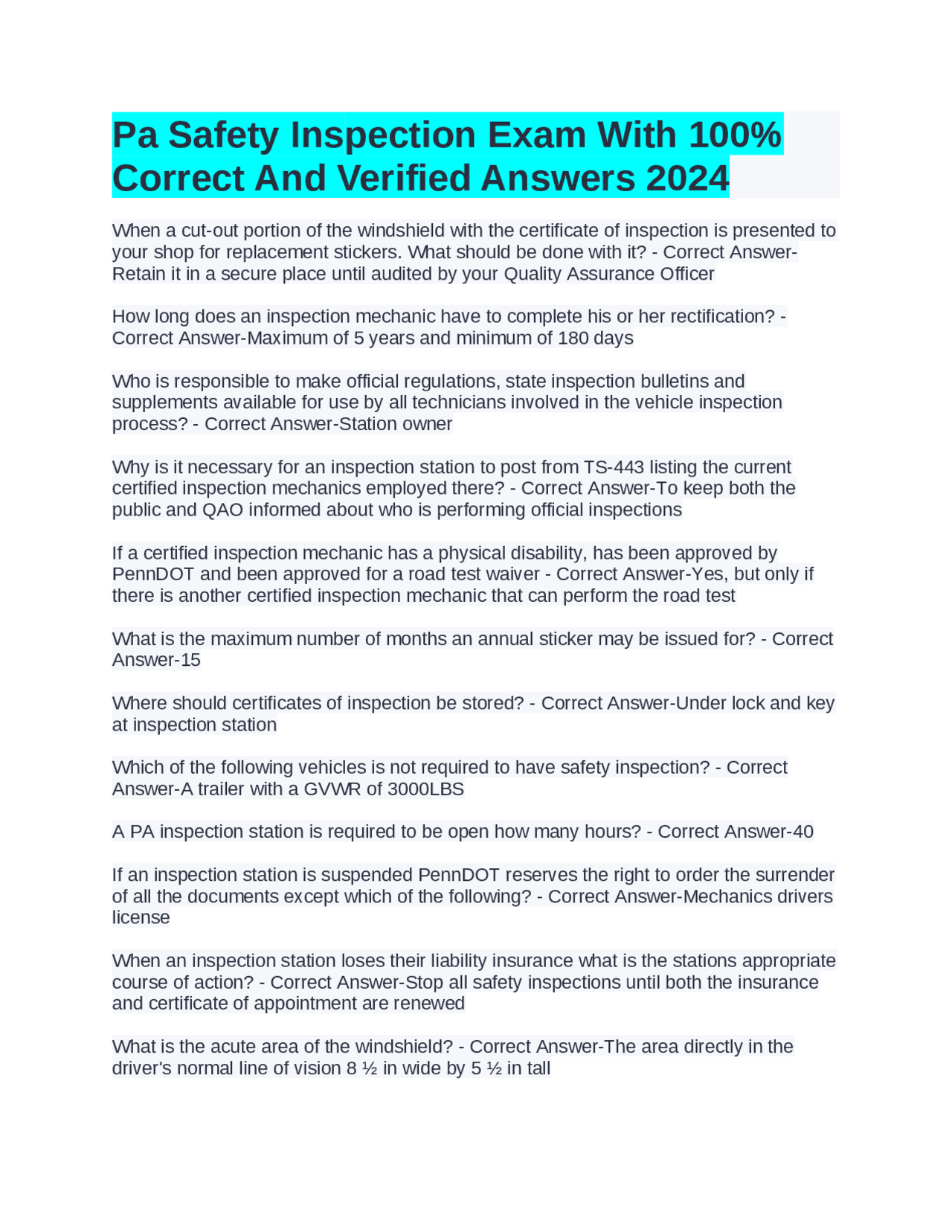 Pa Safety Inspection Exam With 100% Correct And Verified Answers 2024 ...