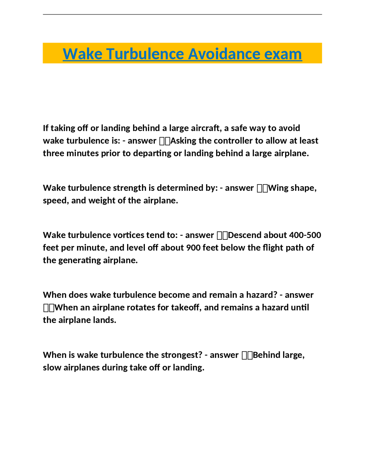 Wake Turbulence Avoidance Exam | Exams Nursing | Docsity