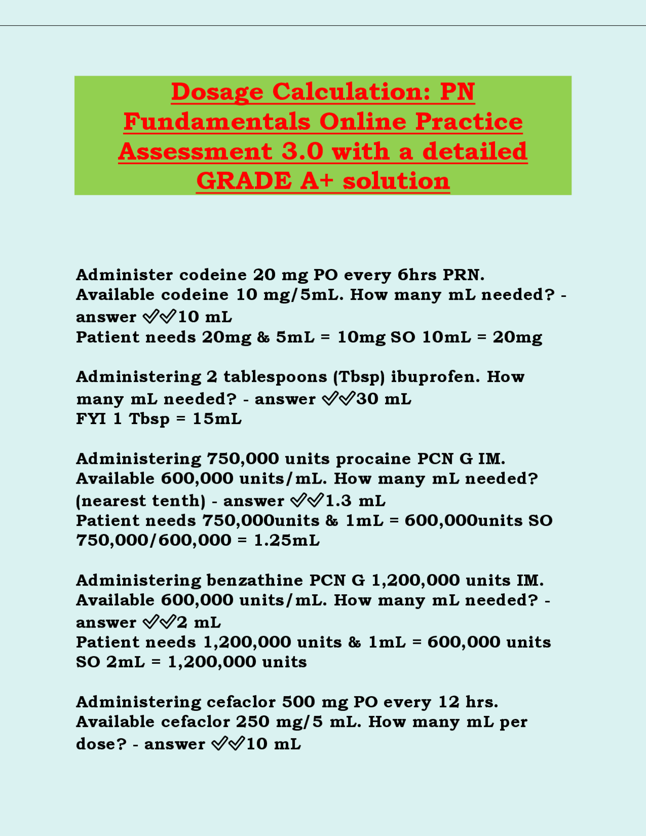 Dosage Calculation PN Fundamentals Online Practice Assessment 3.0 with ...
