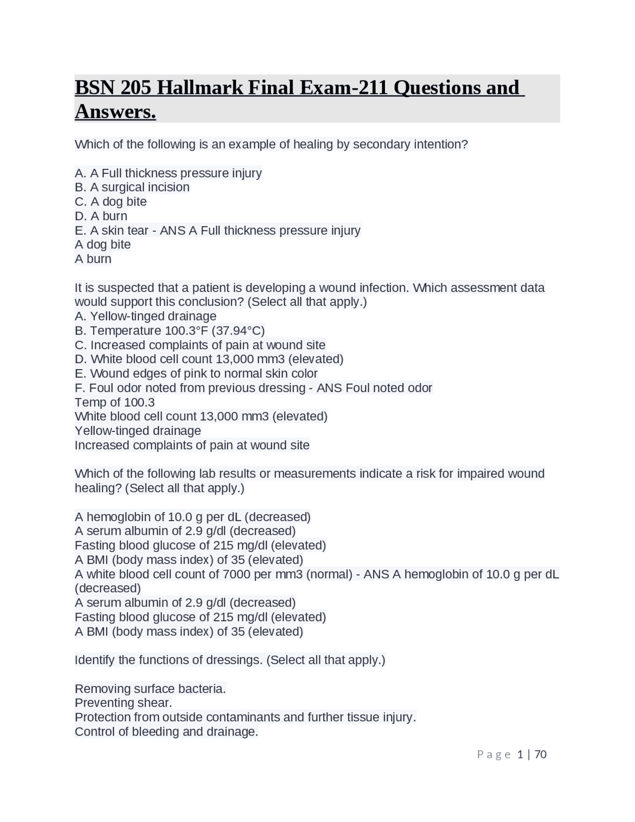 BSN 205 Hallmark Final Exam-211 Questions and Answers. | Exams Health sciences | Docsity