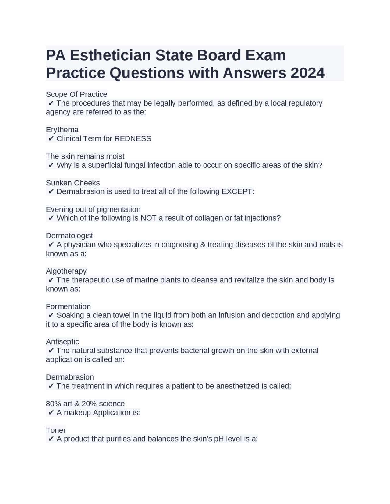 PA Esthetician State Board Exam Practice Questions with Answers 2024 ...
