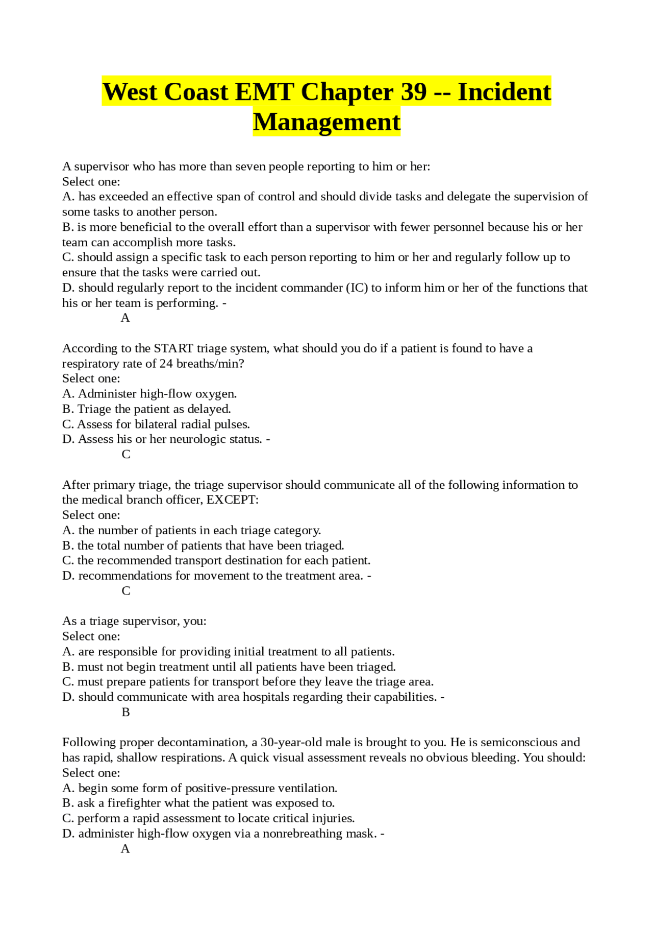 West Coast EMT Chapter 39 -- Incident Management | Exams Nursing | Docsity