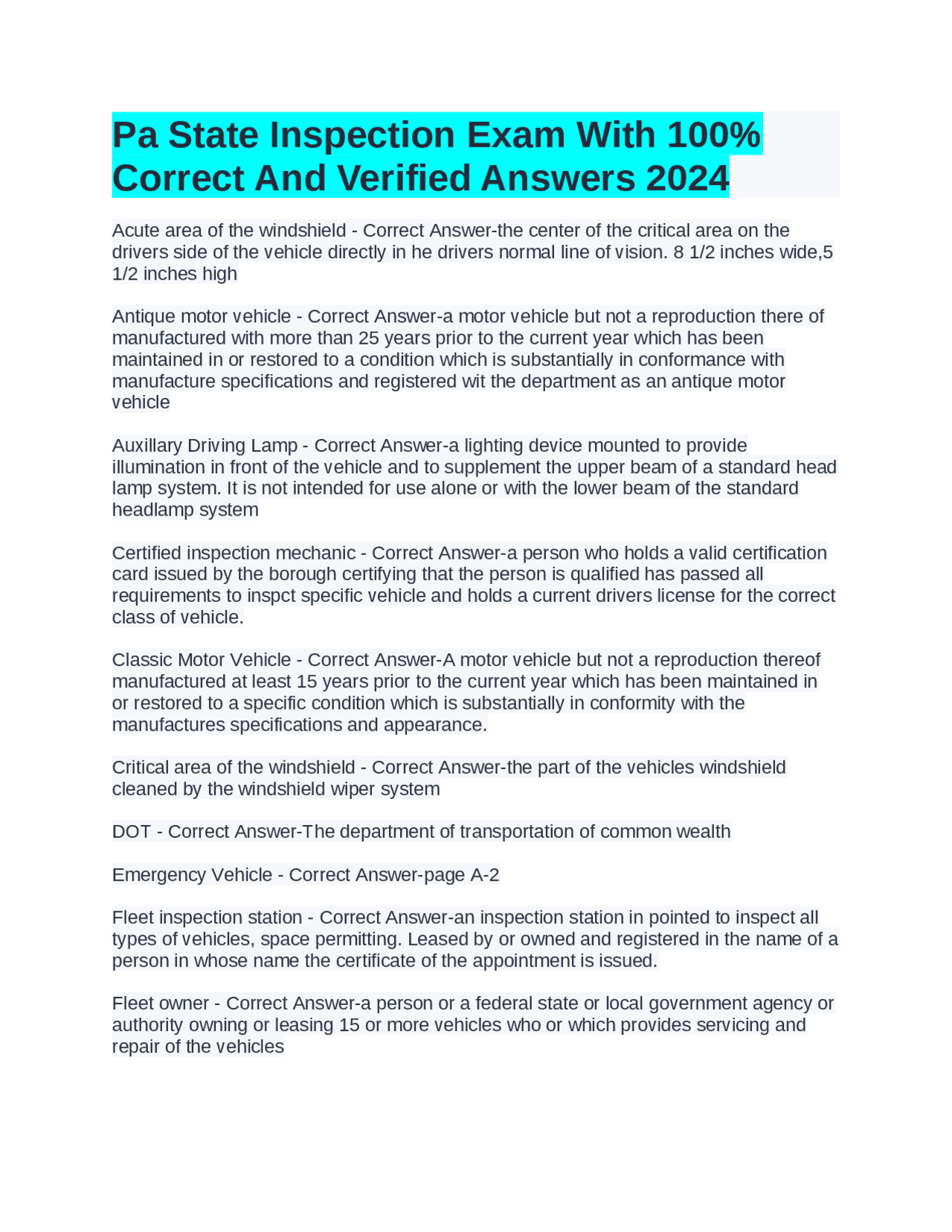 Pa State Inspection Exam With 100% Correct And Verified Answers 2024 | Exams Advanced Education ...