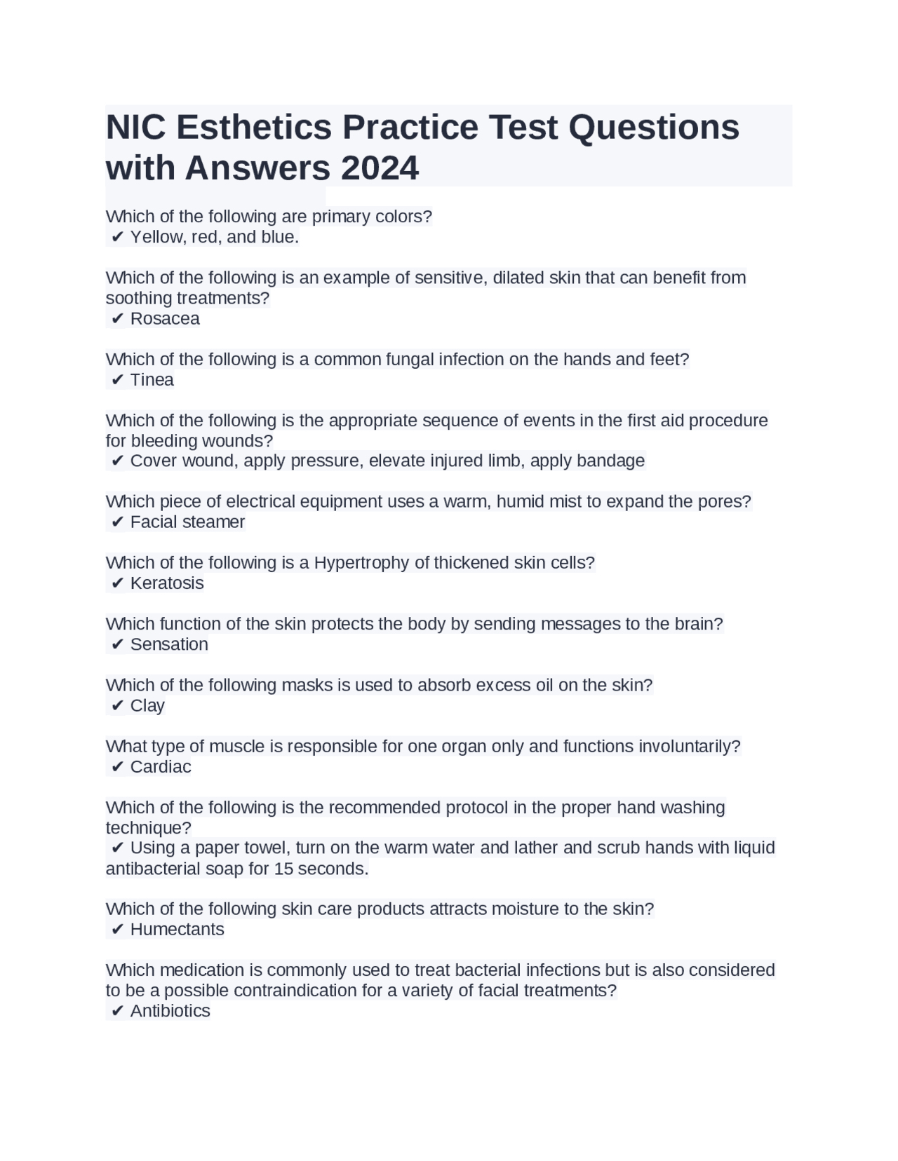 NIC Esthetics Practice Test Questions with Answers 2024 | Exams ...