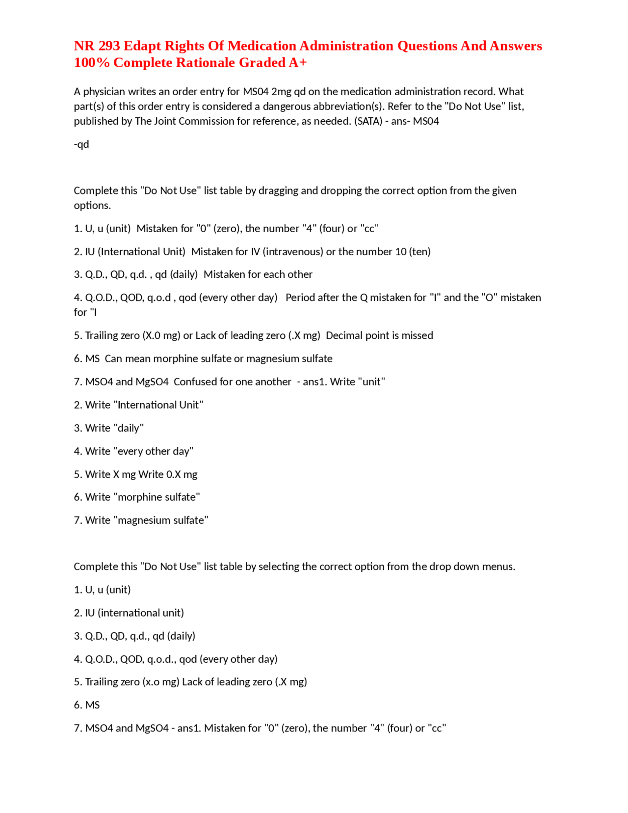 NR 293 Edapt Rights Of Medication Administration Questions And Answers ...
