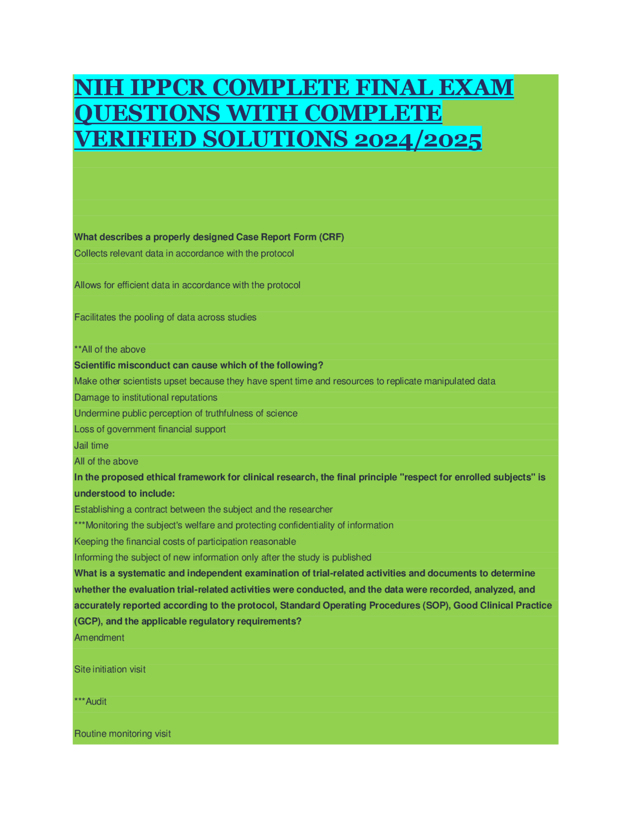NIH IPPCR Complete Final Exam Questions with Verified Solutions | Exams Health sciences | Docsity