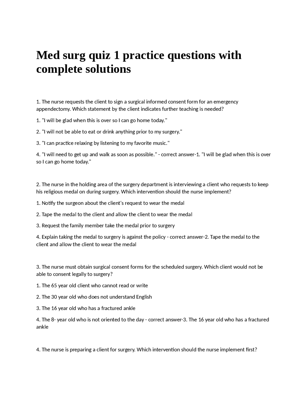 Med surg quiz 1 practice questions with complete solutions. | Exams ...