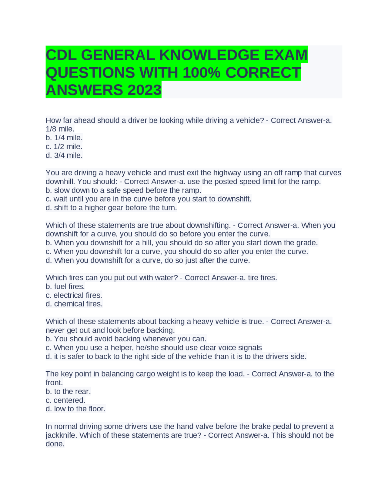 CDL GENERAL KNOWLEDGE EXAM QUESTIONS WITH 100% CORRECT ANSWERS 2023 ...