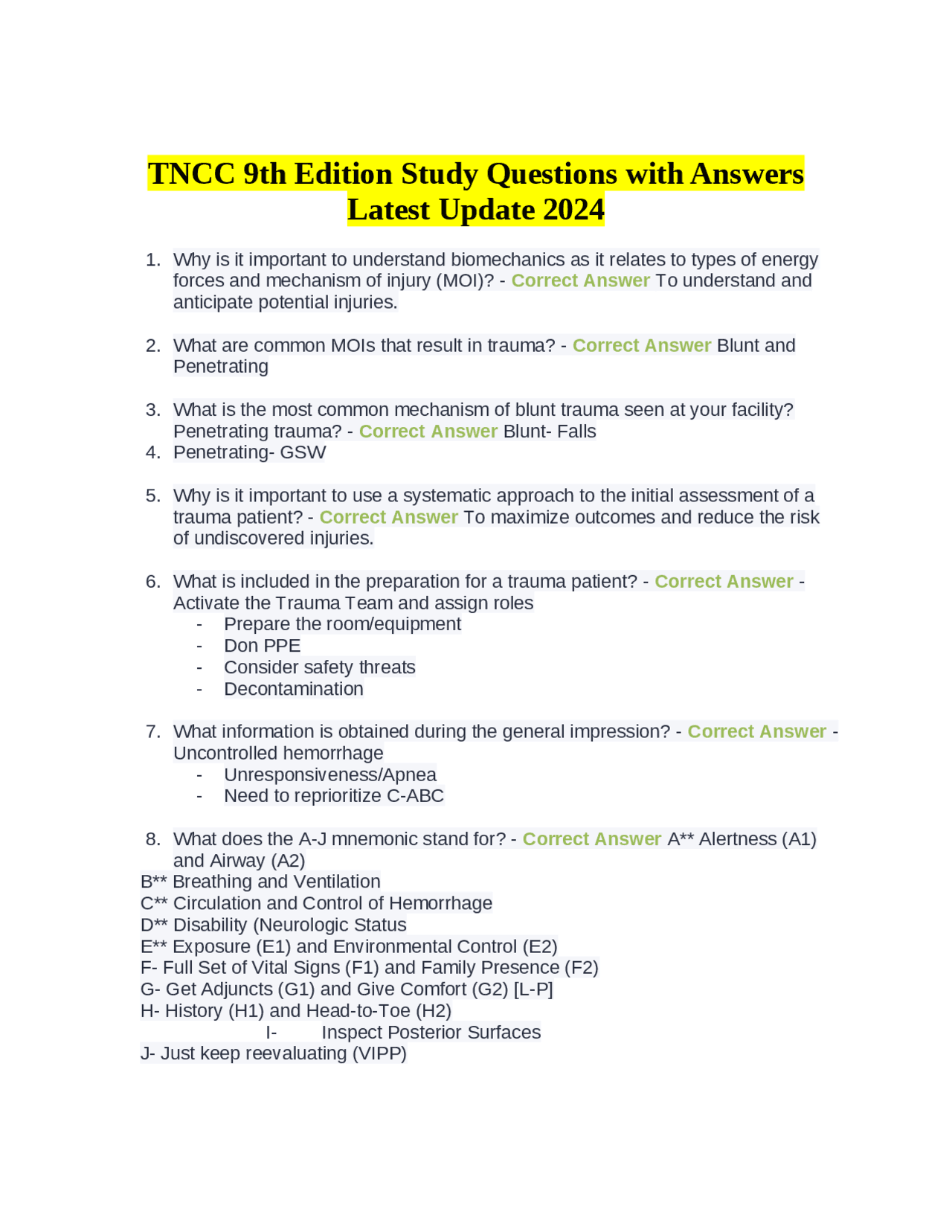 TNCC 9th Edition Study Questions with Answers Latest Update 2024 ...