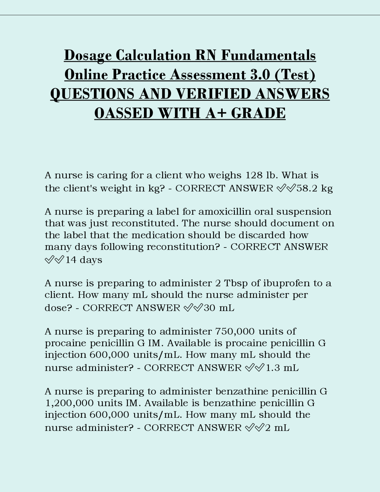 Dosage Calculation PN Fundamentals Online Practice Assessment 3.0 with ...