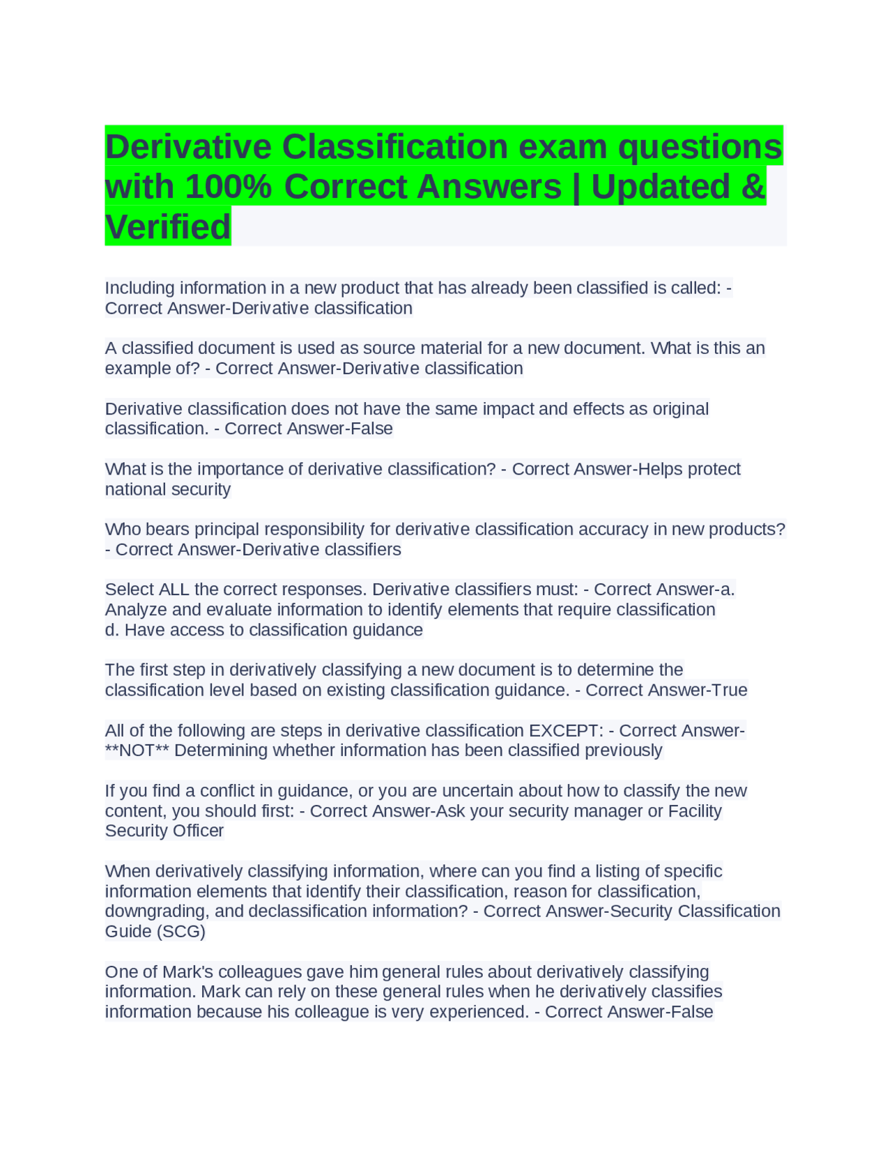 Derivative Classification exam questions with 100% Correct Answers ...