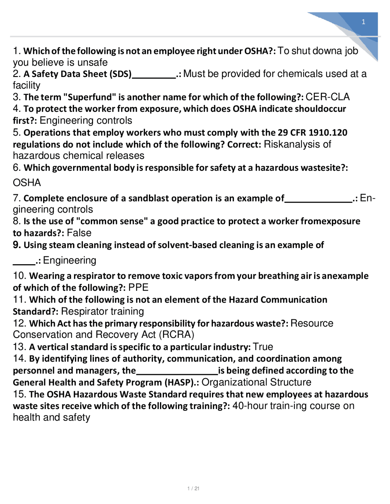 HAZWOPER Final Exam 314 questions with answers | Exams Nursing | Docsity