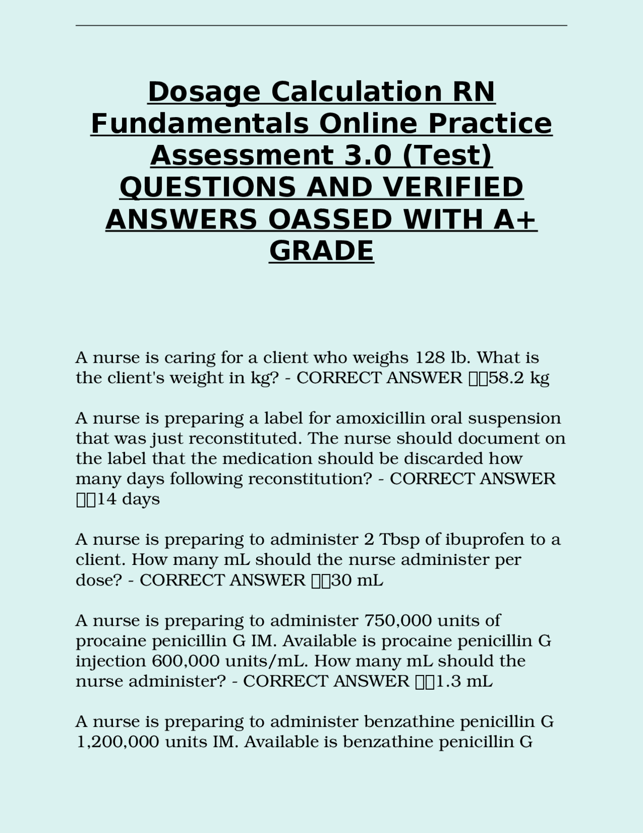 Dosage Calculation RN Fundamentals Online Practice Assessment 3.0 (Test ...