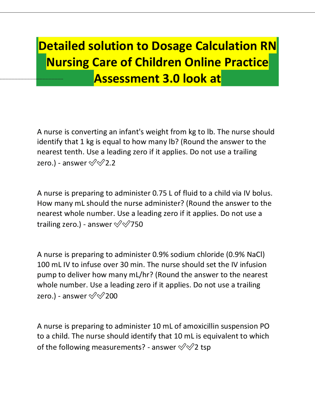 Detailed solution to Dosage Calculation RN Nursing Care of Children ...