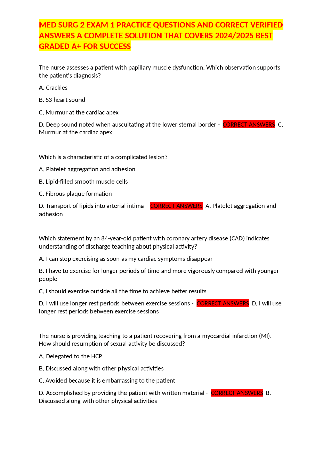 MED SURG 2 EXAM 1 PRACTICE QUESTIONS AND CORRECT VERIFIED ANSWERS A ...