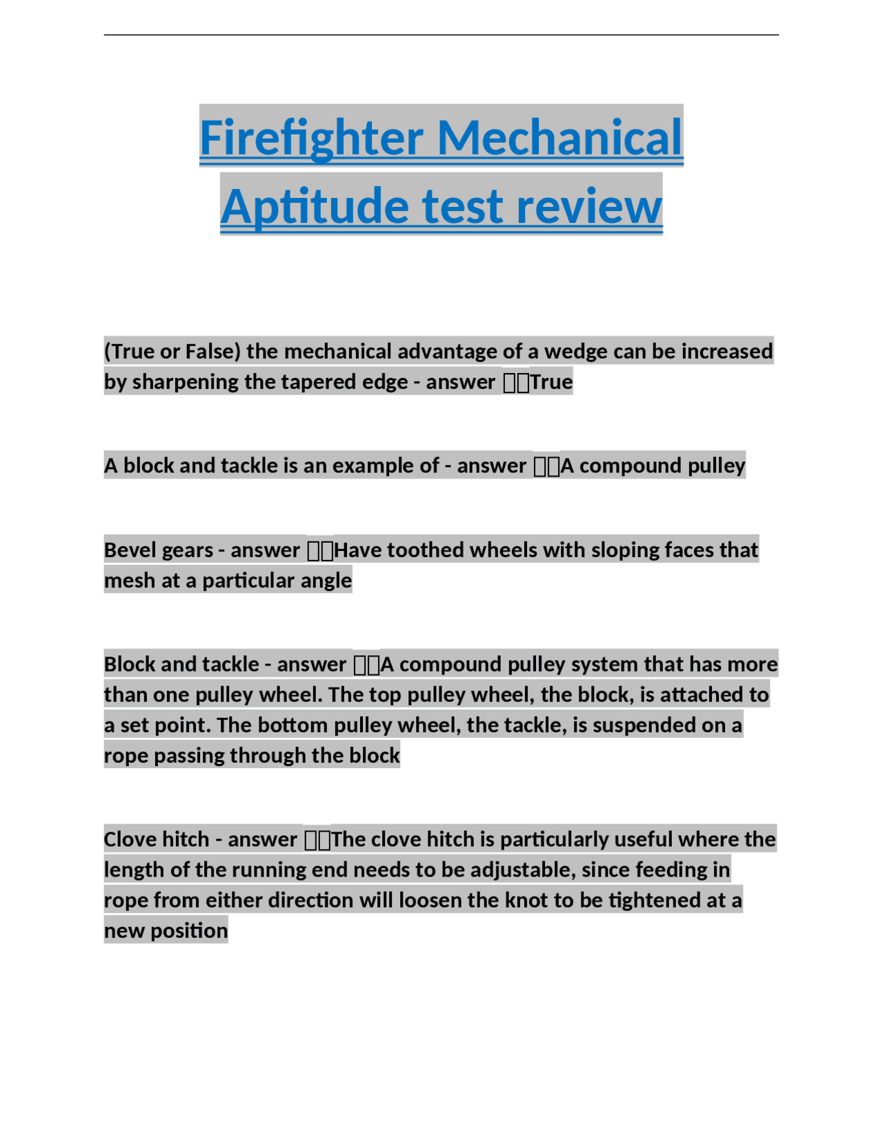 Firefighter Mechanical Aptitude test review | Exams Nursing | Docsity