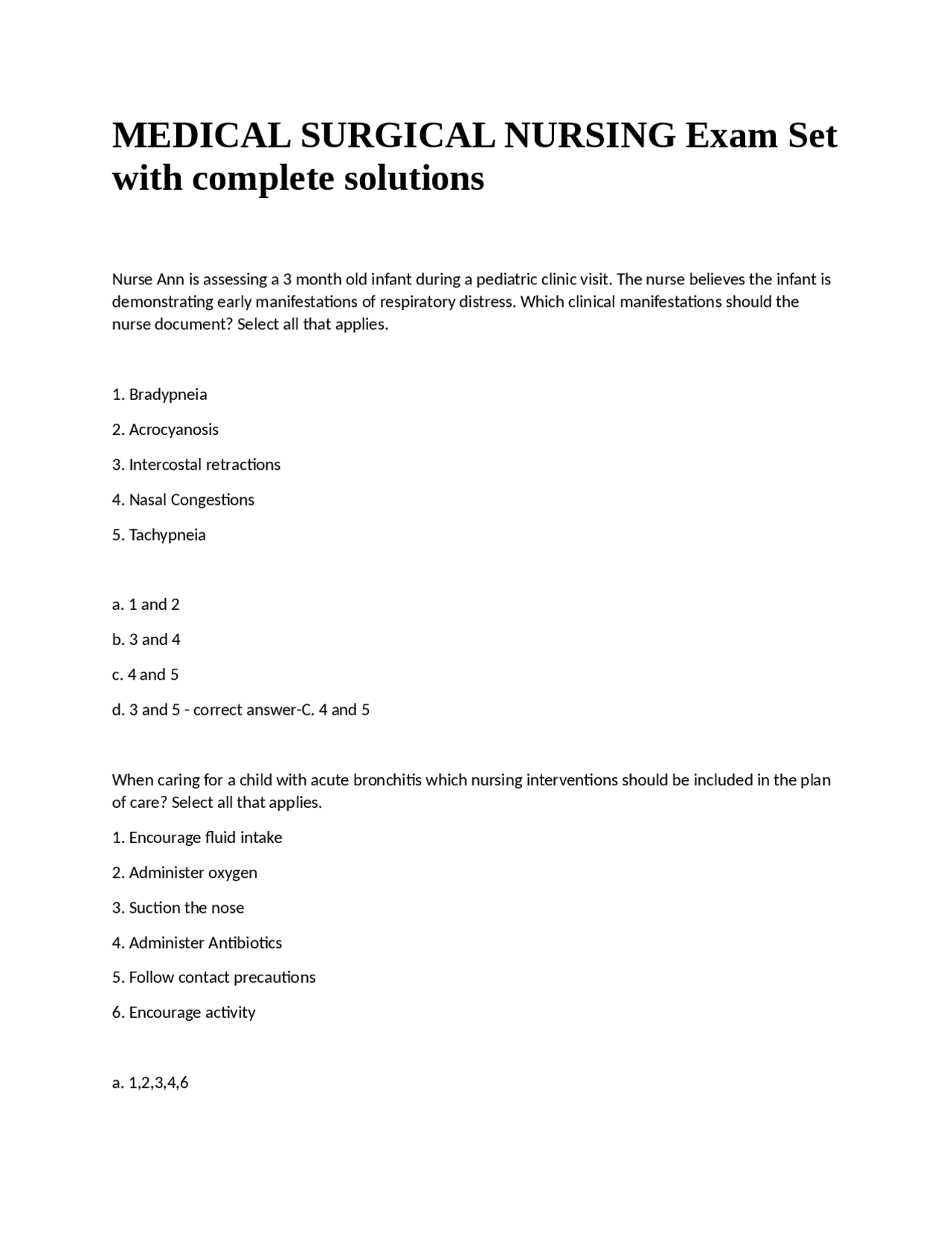 MEDICAL SURGICAL NURSING Exam Set with complete solutions. | Exams ...