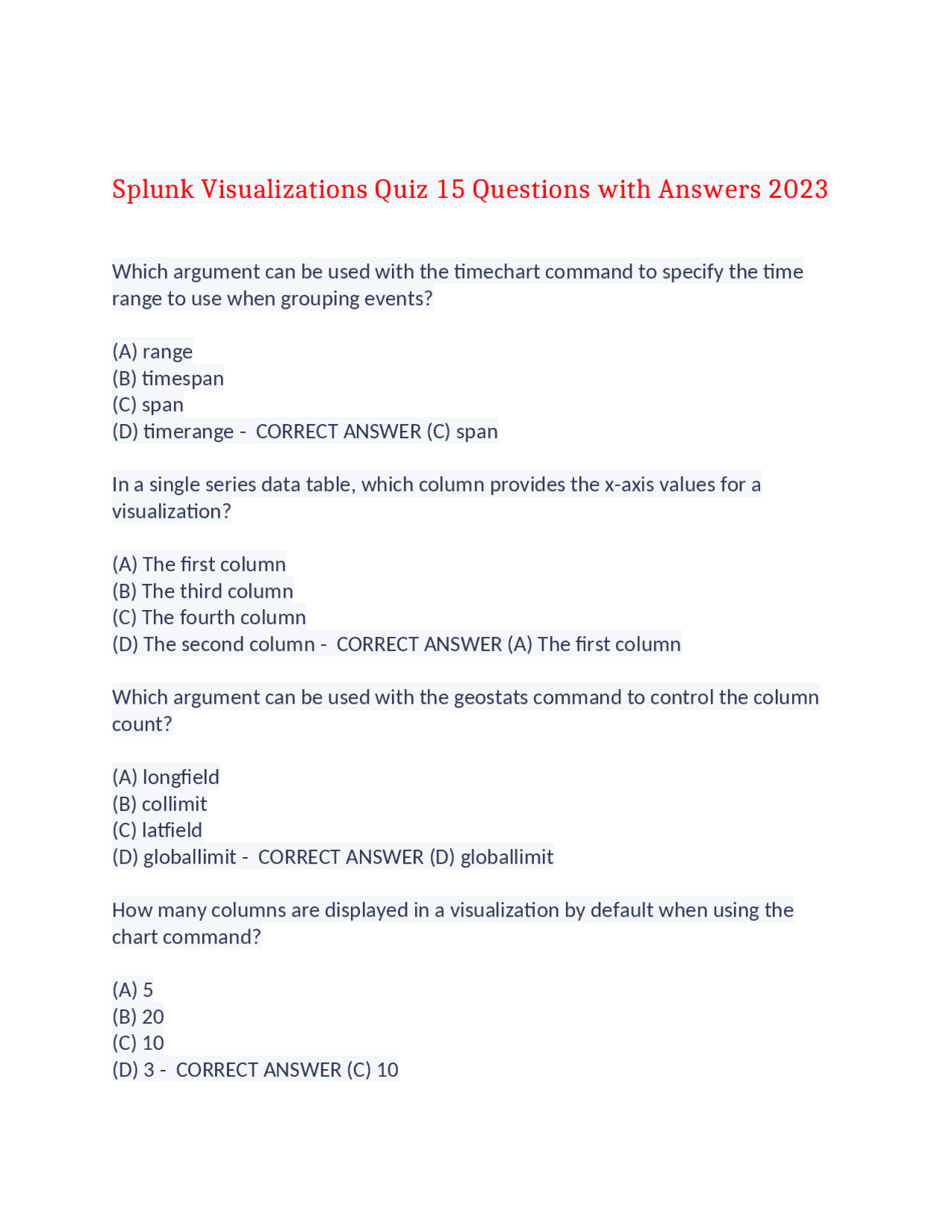 Splunk Visualizations Quiz 15 Questions with Answers,100% CORRECT ...