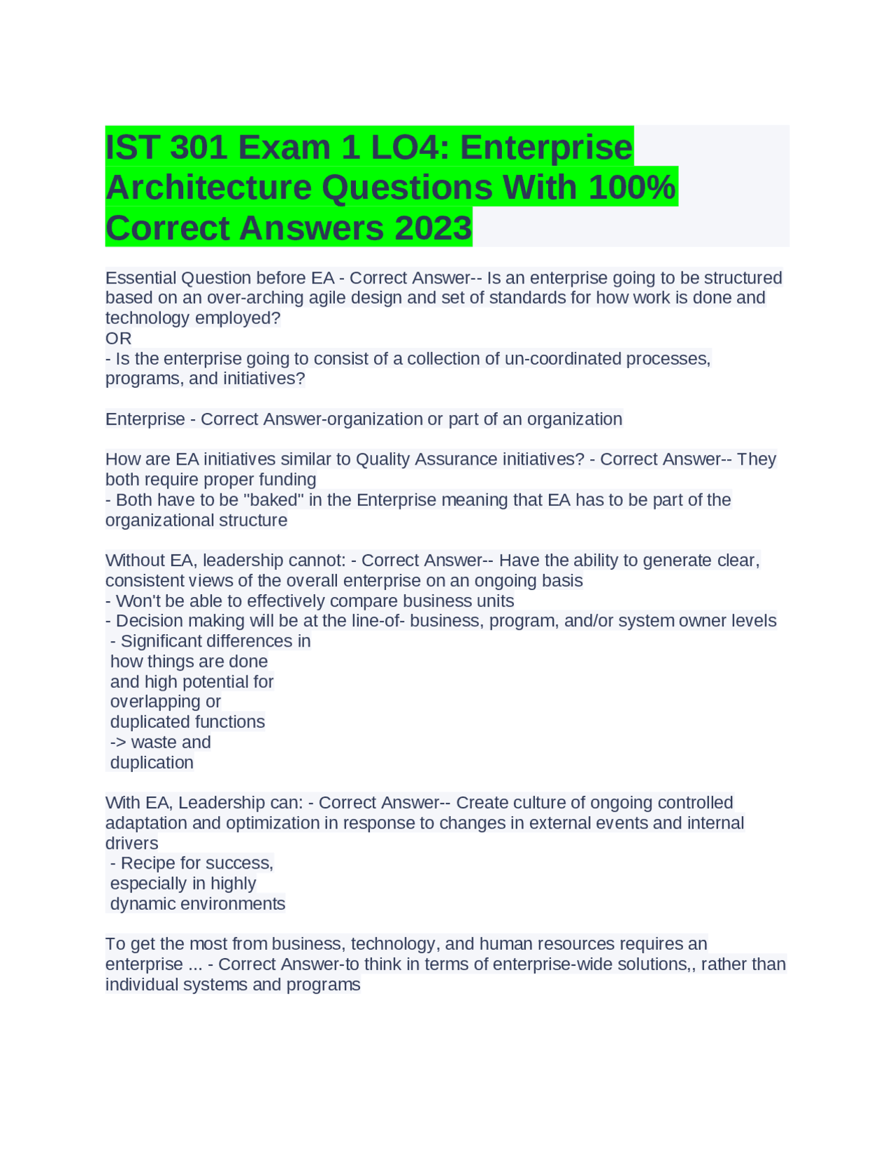 IST 301 Exam 1 LO4: Enterprise Architecture Questions With 100% Correct Answers 2023 | Exams ...