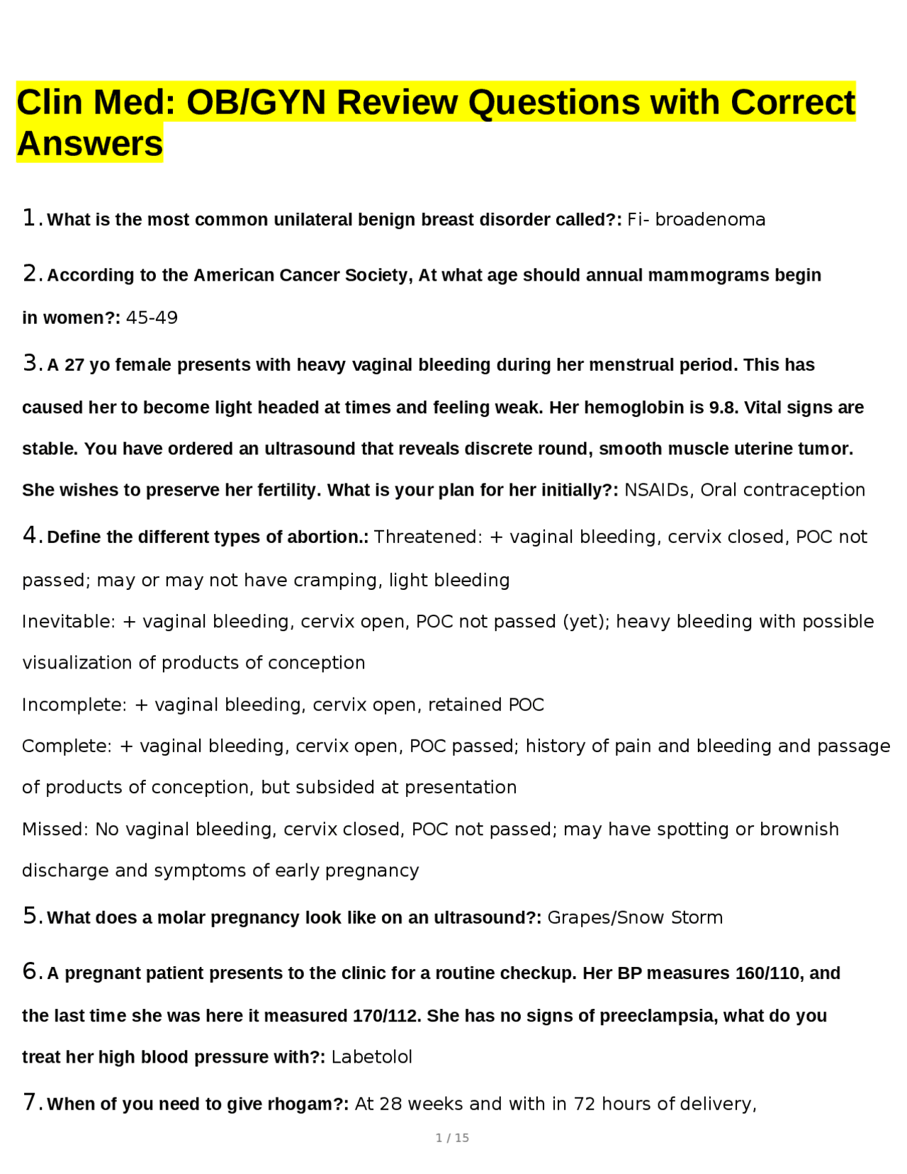 Clin Med: OB/GYN Review Questions with Correct Answers | Exams Clinical ...