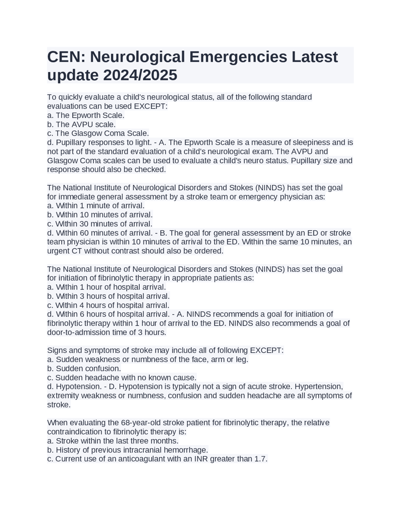 CEN: Neurological Emergencies Latest update 2024/2025 | Exams Nursing ...