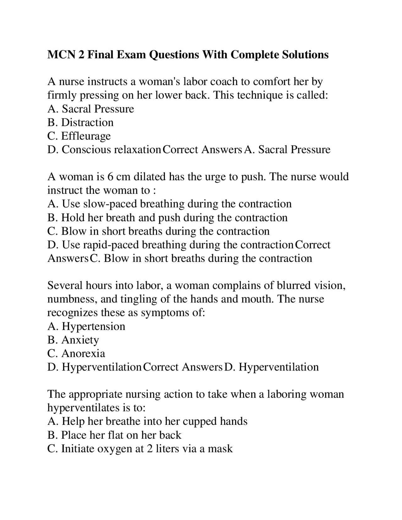 MCN 2 Final Exam Questions With Complete Solutions | Exams Nursing | Docsity