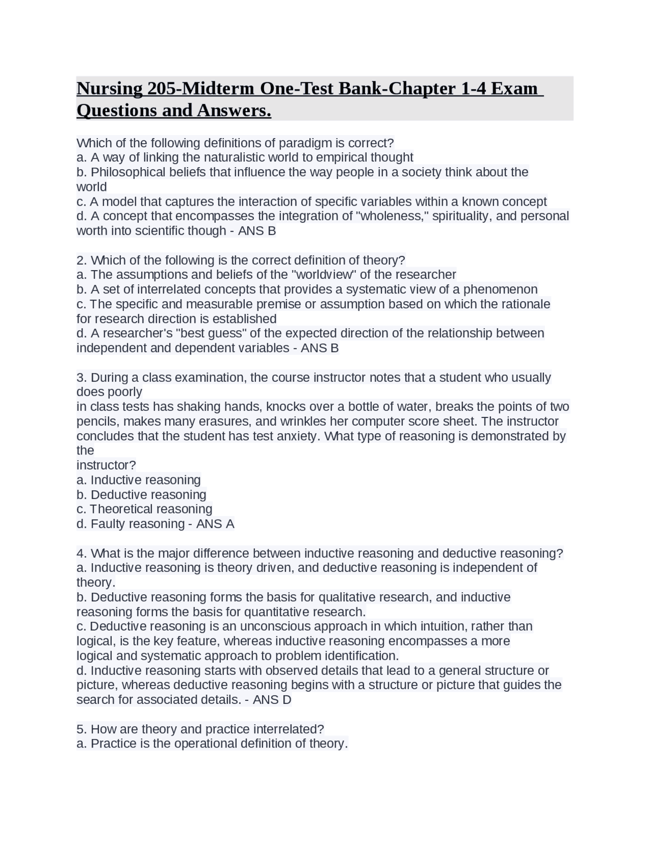 Nursing 205-Midterm One-Test Bank-Chapter 1-4 Exam Questions and ...